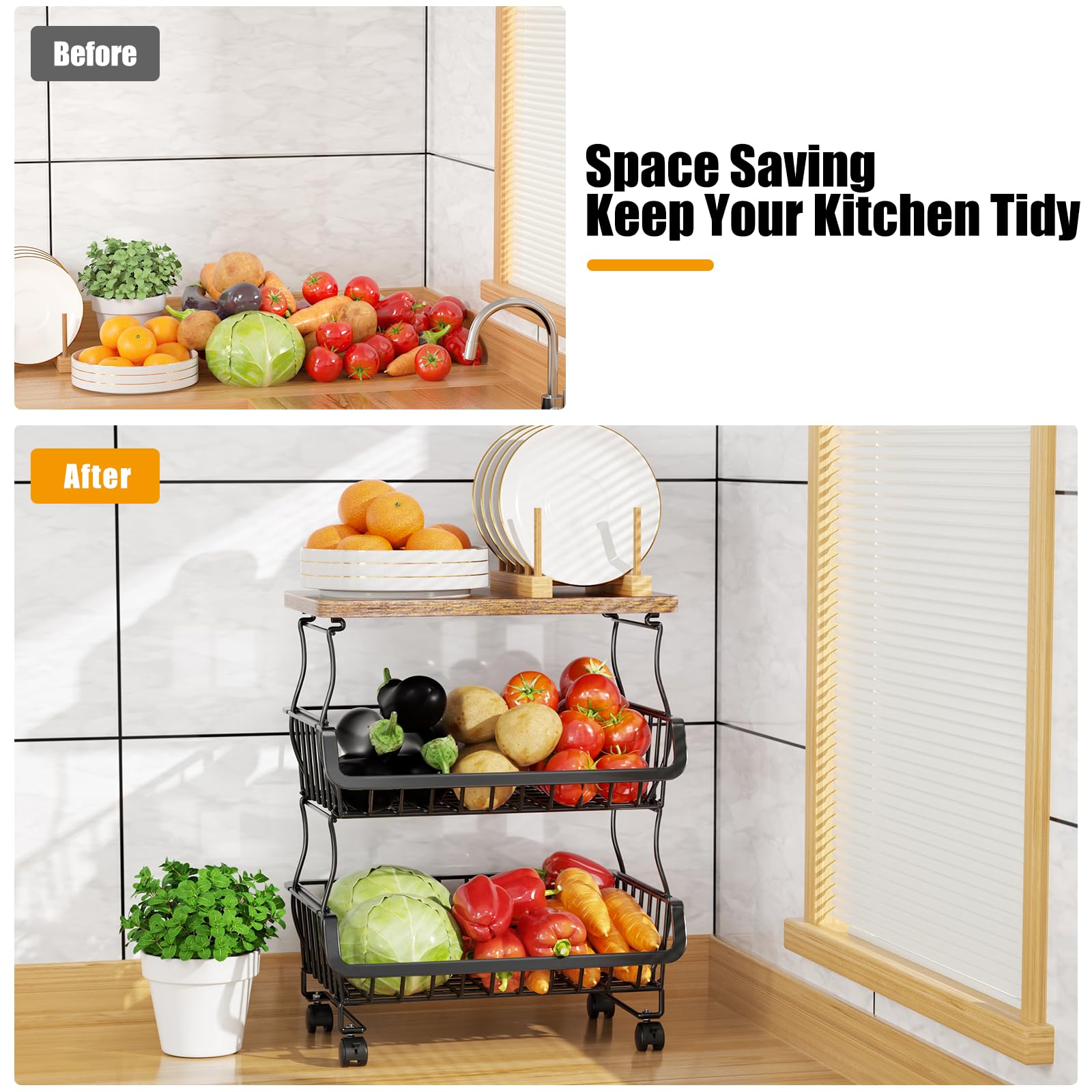 Gsiekare Fruit Vegetable Basket for Kitchen, 5 Tier Stackable Fruit Vegetable Storage Baskets with Wheels, Metal Wire Storage Basket Organizer Cart for Kitchen, Pantry, Bathroom
