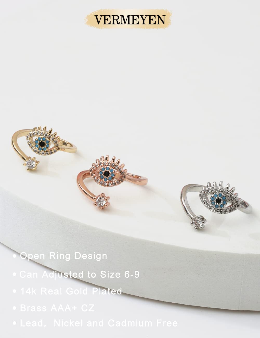 Gold Evil Eye Ring for Women 14k Gold Plated Gold Adjustable Rings Cubic Zirconia Open Ring
