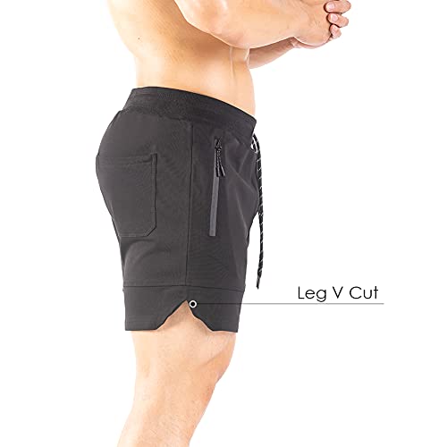 Gerlobal Men's 5" Gym Workout Shorts Fitted Running Athletic Bodybuilding Shorts for Men with Zipper Pockets Black,Large