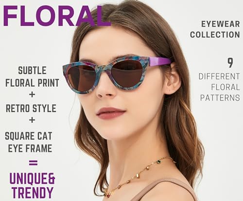 Leafael Sunglasses Womens Trendy Retro Purple Floral Designs | Polarized Lens UV Protection | Round Cat Eye Frame | Casual & Active