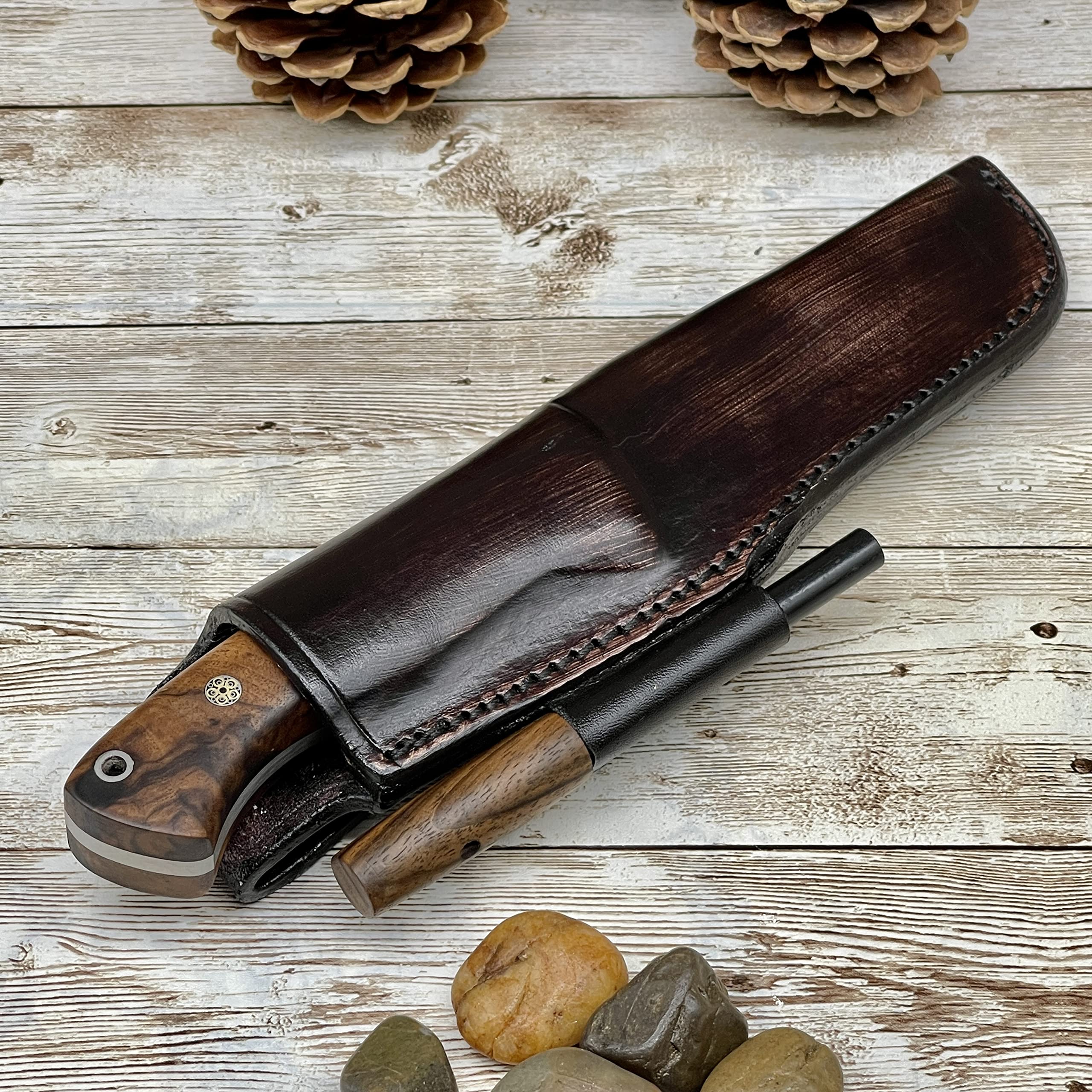 Handmade Fixed Blade Outdoor Knife with Sheath β Hunting, Bushcraft, Self Defense Bowie Knife β Tracker Knife with Wooden Handle & N690 German Bohler Steel Blade β Leather Sheath & Flint Rod Included