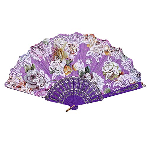 Hand Fans Folding fan Pattern Hand Fan Silk Bamboo Folding Hand Folded For Church Wedding dance party colorful Lace Silk Folding Handmade (Color : E)
