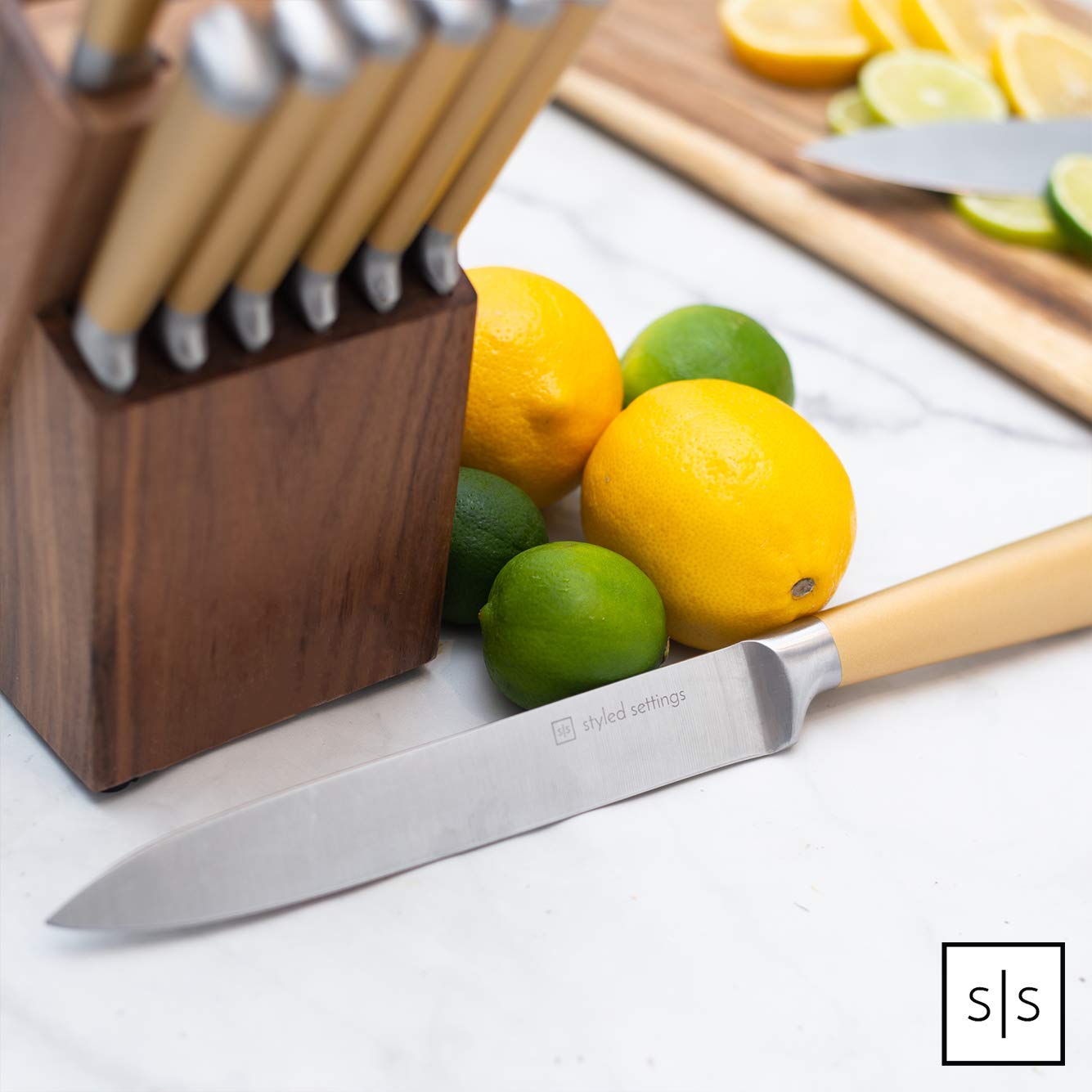 Gold Knife Set with Walnut Knife Block, 13-piece Kitchen Knives Stainless Steel Gold Knives Set, Full Tang, Knives Gold - Gold Kitchen Accessories