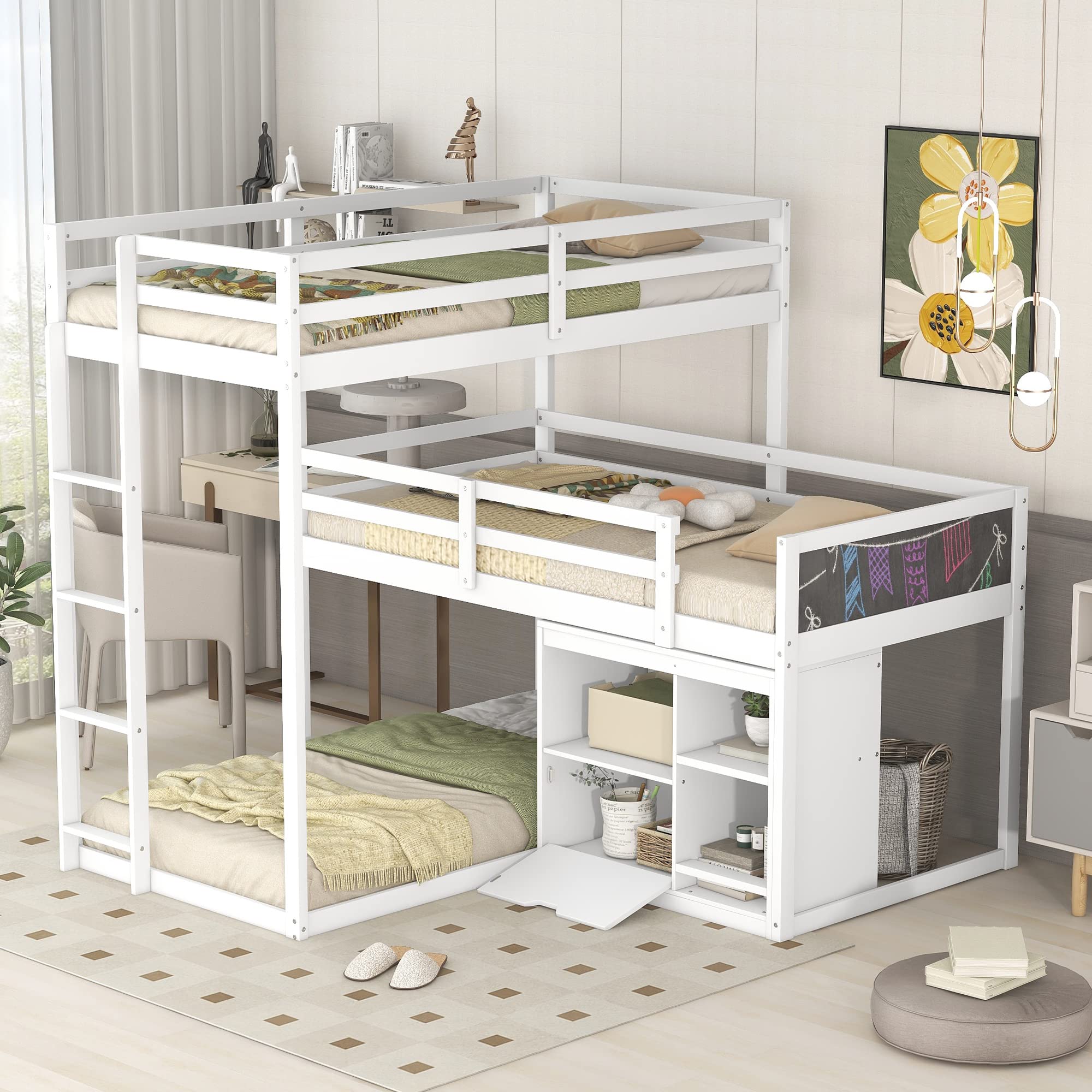 Harper & Bright Designs Bunk Beds Twin Over Twin Over Twin Size, Triple Bunk Beds Low Profile for Kids White