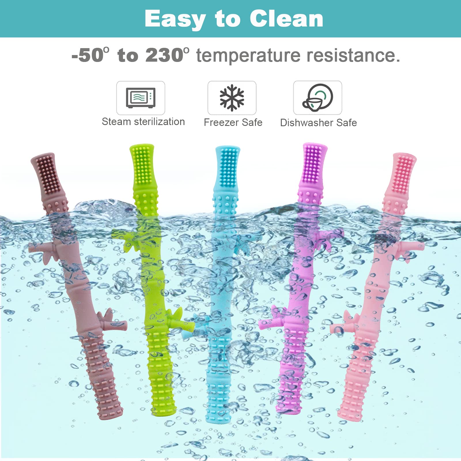 Hollow Teether Tubes for Babies 6-12 Months, 5 Pack Silicone Chew Straws Toys for Infant Toddlers, Bamboo Baby Toothbrush Molar Teether Toys with Safety Shield for Nursing Biting Chewing