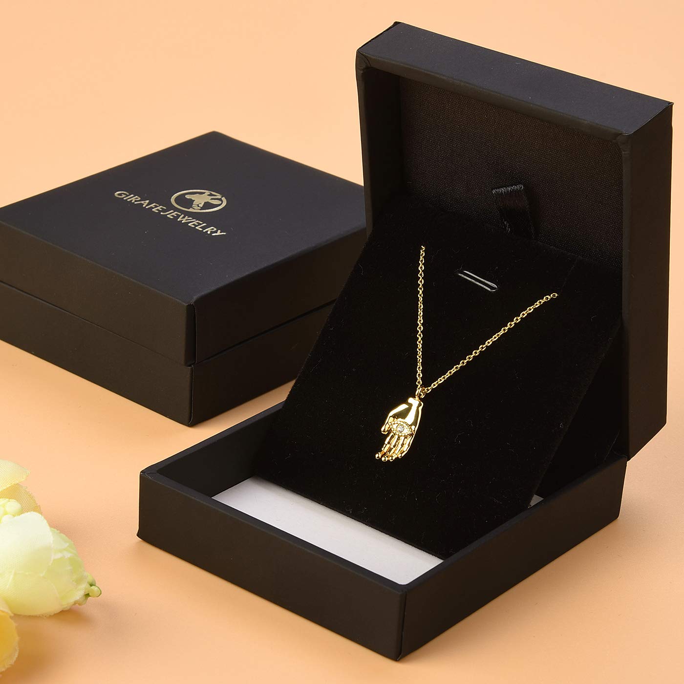 Girafe Hamsa Hand Necklace, 14k Gold Eye Embossed Hand of Fatima Womens Pendant, 16inch