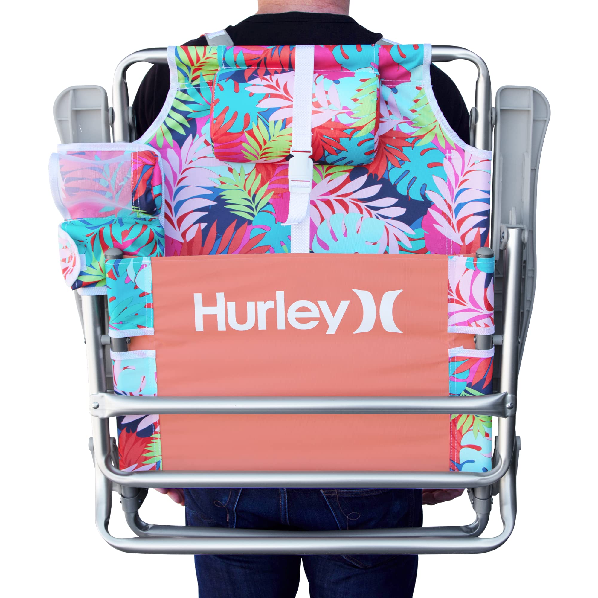 Hurley Backpack Beach Outdoor Chair, One Size,Lightweight,Alloy Steel, Coral Passion Fruit