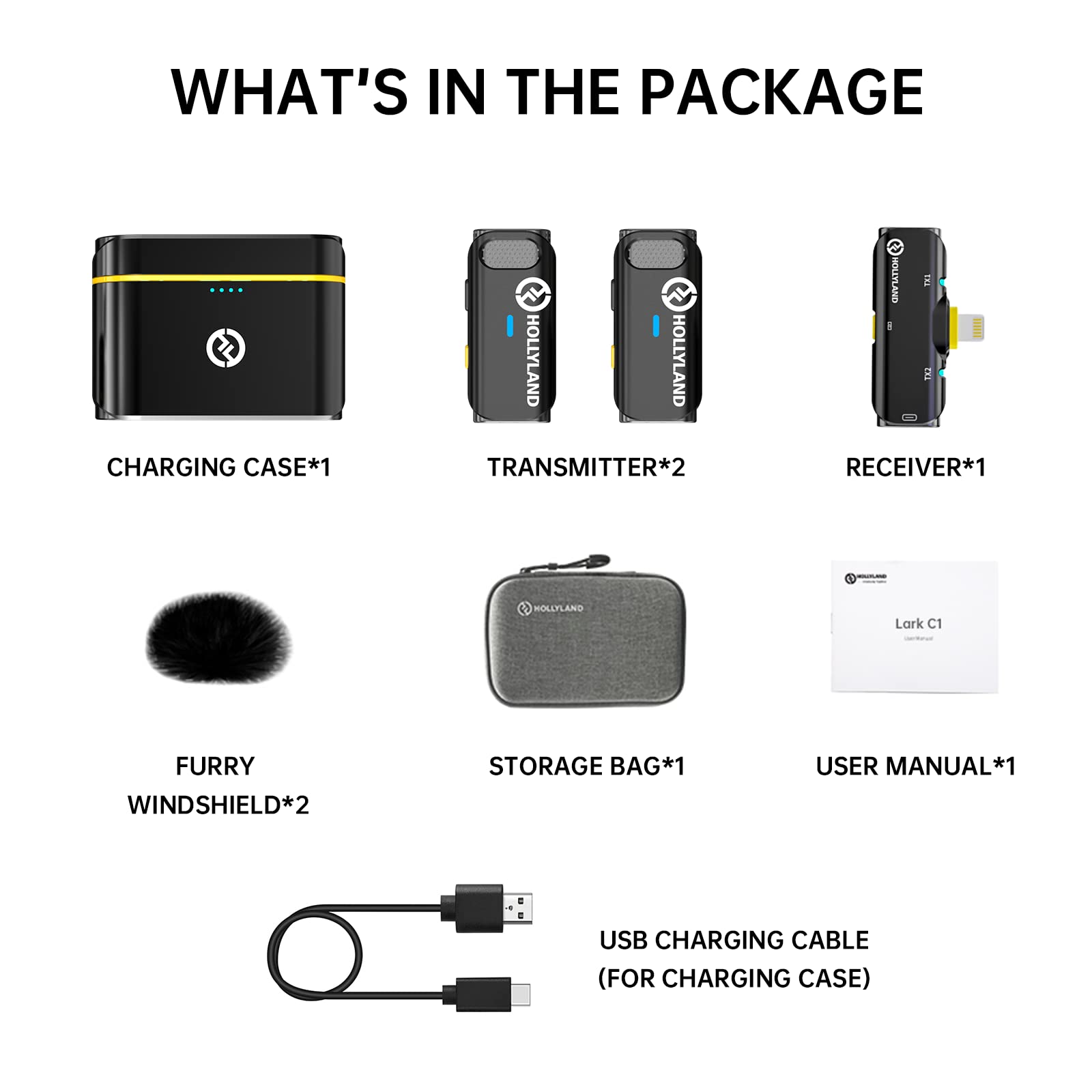 Hollyland Lark C1 Wireless Lavalier Microphone for iPhone 14/13/12, Plug and Play, MFi Certified Lapel Mic with Charging Case, 650ft Transmission, Ultral Compact, for Vlogging, YouTube-Black