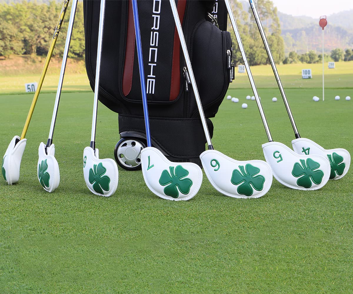 Golf Iron Covers,Golf Iron Head Covers Leather Golf Iron Covers Set 10pcs Golf Iron Headcovers,Lucky Clover Golf Club Head Covers for Iron with Magic Tape Fit All Brands Titleist,Callaway,Ping (White)