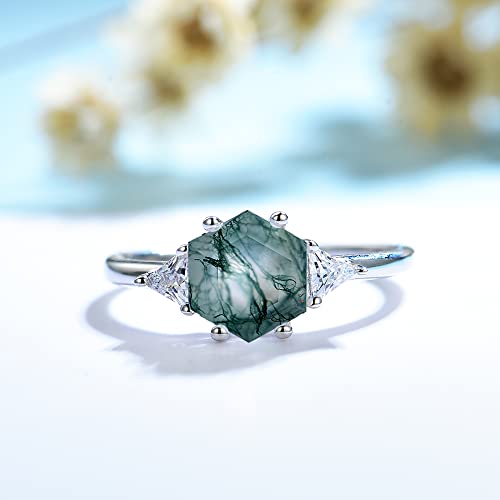 ITI KUOLOLIT 1.5ct Natural Moss Agate Ring Sterling Silver Hexagon Shaped Engagement Ring Green Agate Promise Wedding Rings for Women (Moss agate-White, 7)