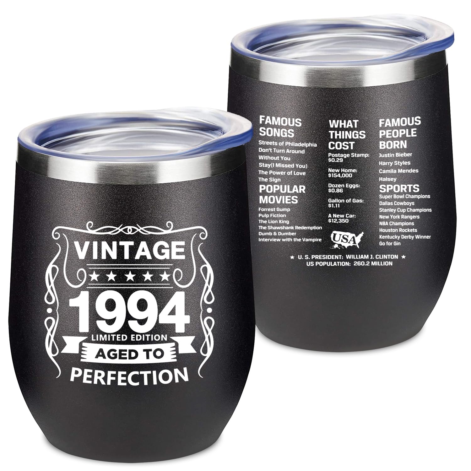 Greatingreat 30th Birthday Gifts for Women and Men - 1994 30th Birthday Decorations - 12 Oz Insulated Stainless Steel Wine Tumbler with Lid for Her Wife Mom Aunt Friend, Black