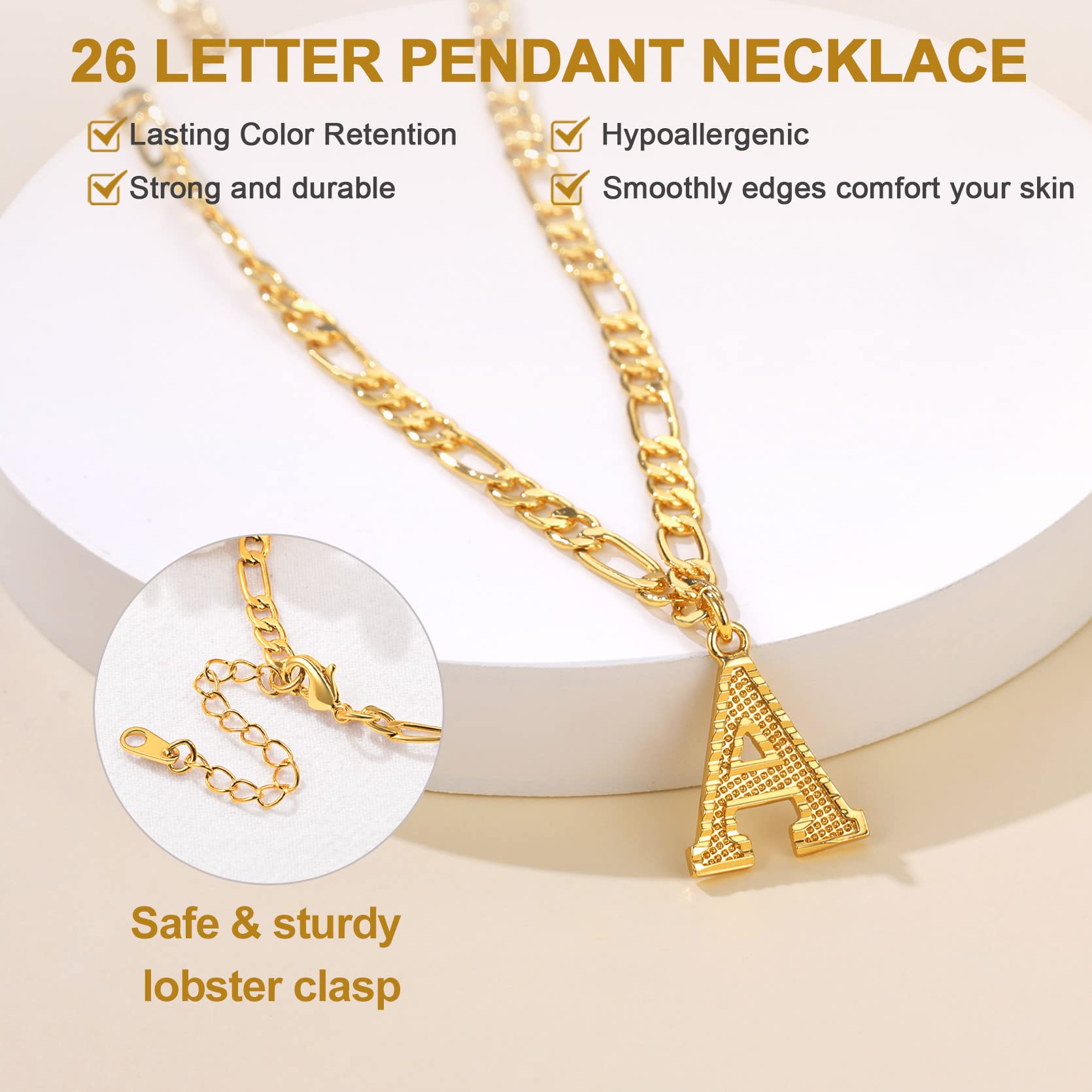 Gold Plated Diamond Cut Letter Initial T Pendant Necklace for Women A-Z Name Jewelry 16Inch/18inch Figaro Choker Chain Adjustable Personalized