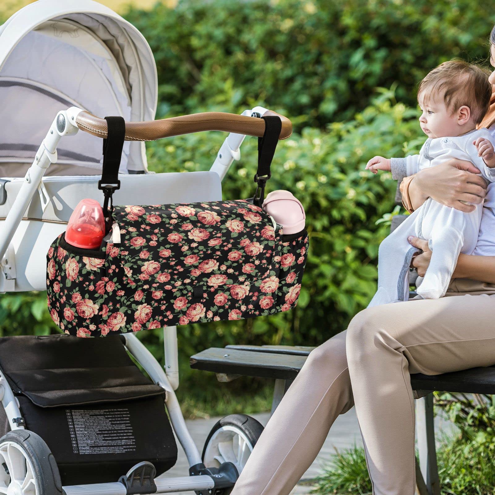 Kigai Roses Baby Stroller Organizer with Cup Holders, Secure Hooks Accessories Adjustable Strap Stroller Bag for Bottle, Diaper, Phone, Toys, Baby Items