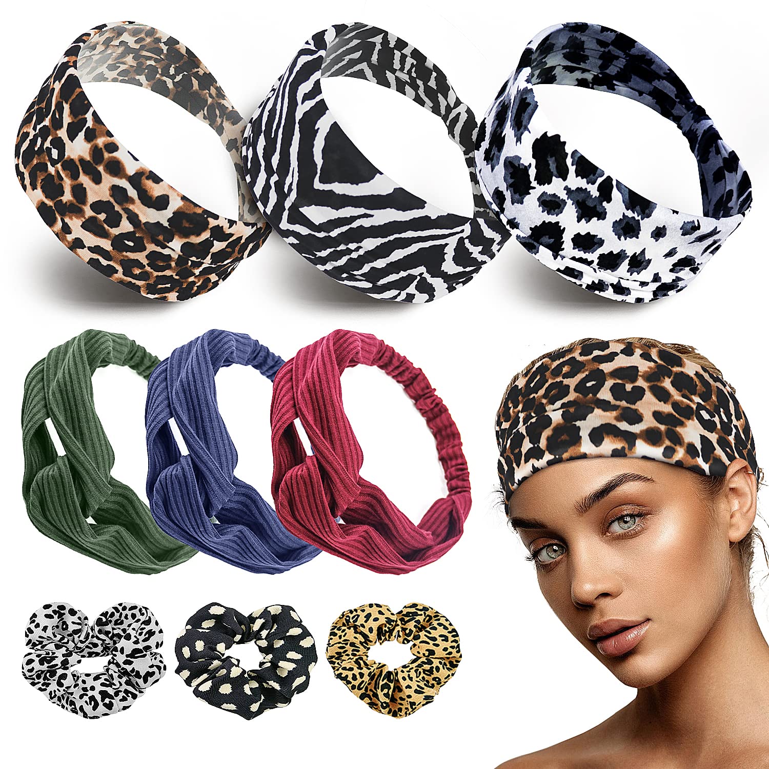 Headbands for Women Elastic Bohu Hair Bands Twist Knotted Turban Vintage Headband Girls Headwraps for Yoga Workout 9 Pack