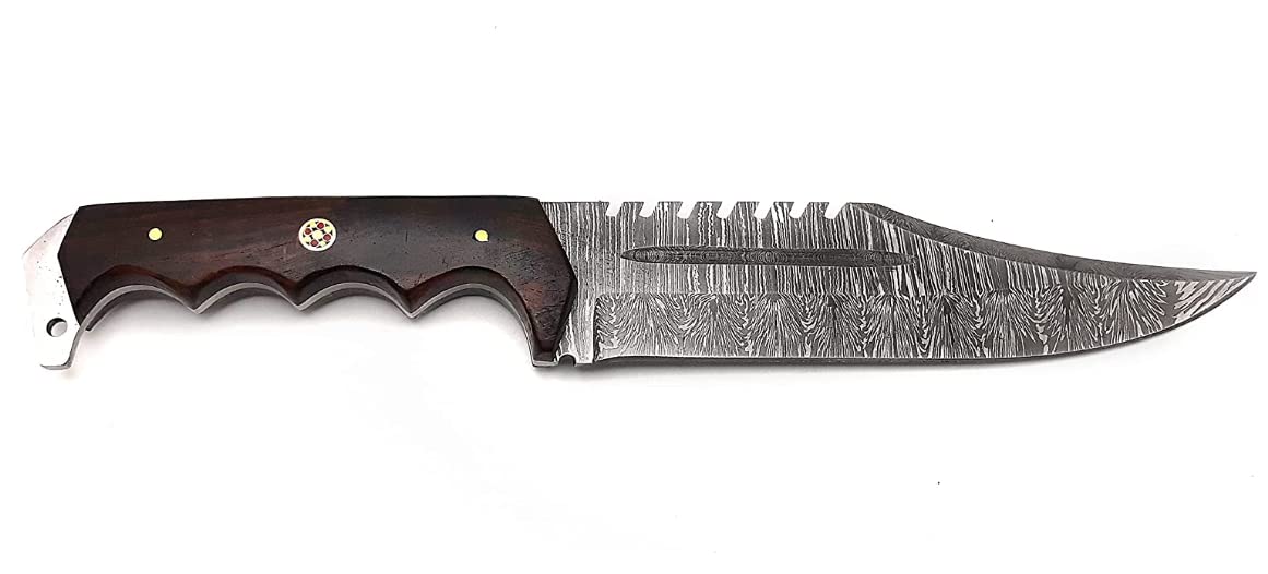 Handmade Damascus steel Hunting Knife with sheath,Fixed blade Bowie knife for Survival, Ergonomic Walnut wood handle | 12-inch Handmade Damascus Horizontal carry knife for men