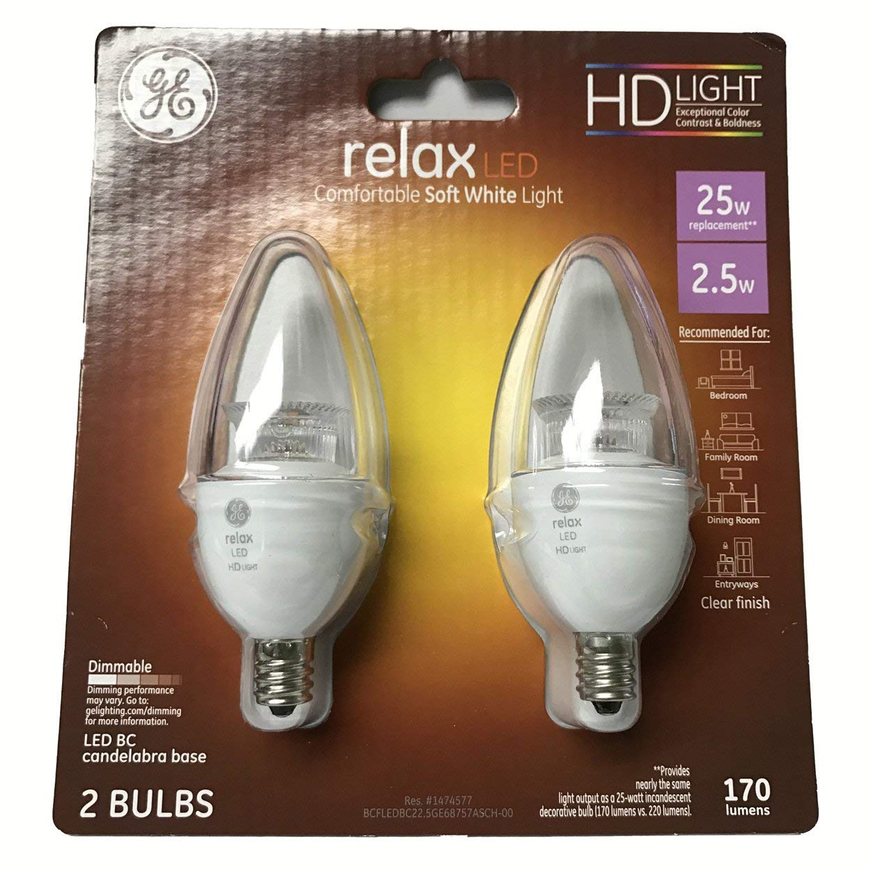 GE 68757 Relax Dimmable LED 25w Replacement B11 Candelabra Base Torpedo Blunt Tip Clear Finish HD Light (2 Bulbs)