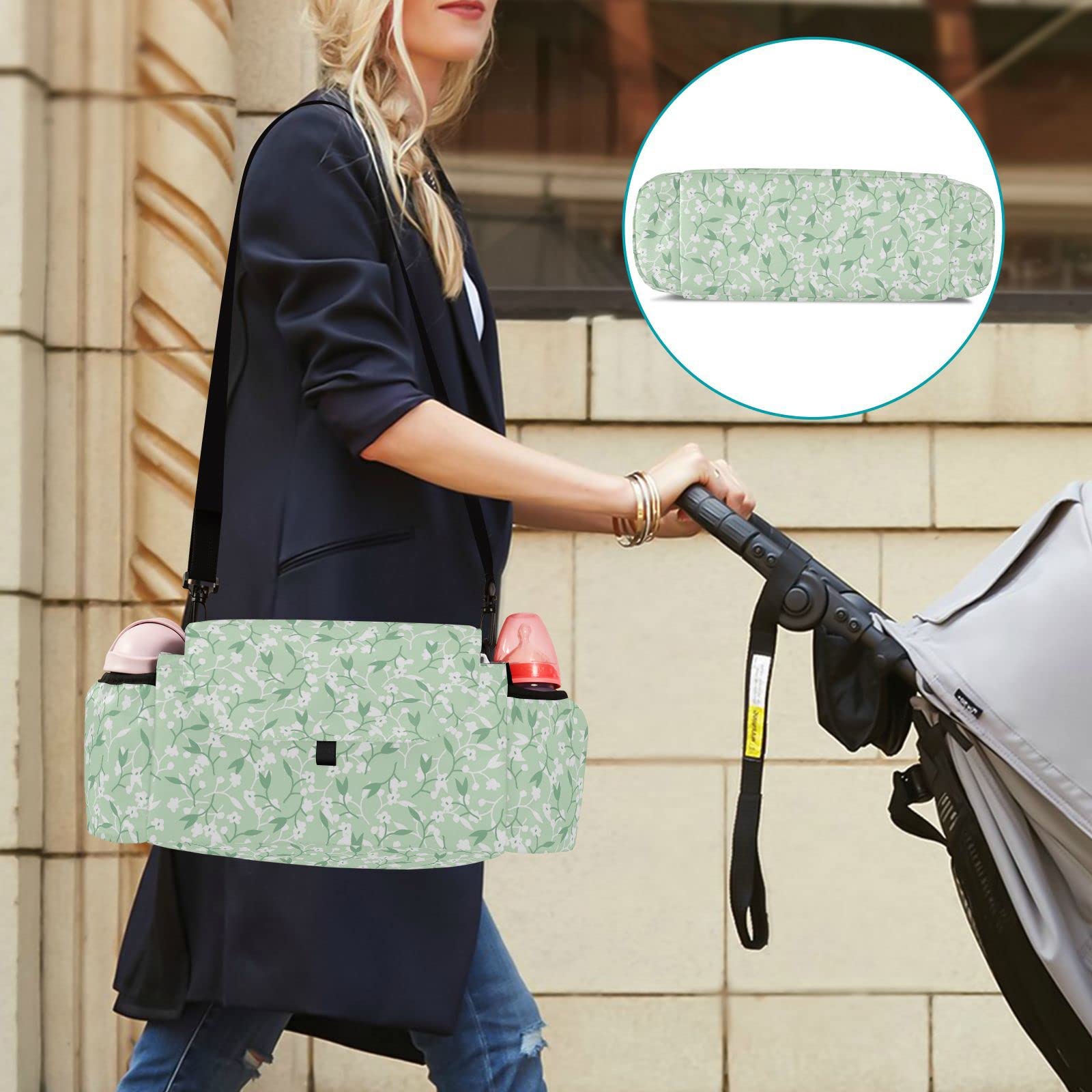 Kigai Small White Flowers Baby Stroller Organizer with Cup Holders, Secure Hooks Accessories Adjustable Strap Stroller Bag for Bottle, Diaper, Phone, Toys, Baby Items