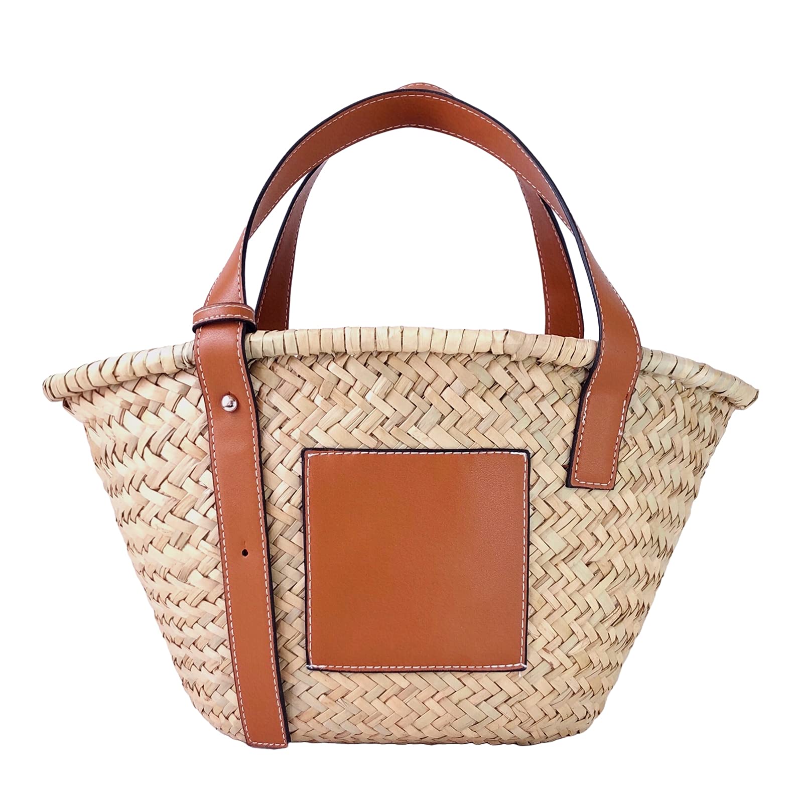 JAYAVENTURA Straw Basket Tote Bag for Women PU Leather Strap Hollow Out Woven Top Handle Straw Purses and Handbags Summer Beach (Brown)