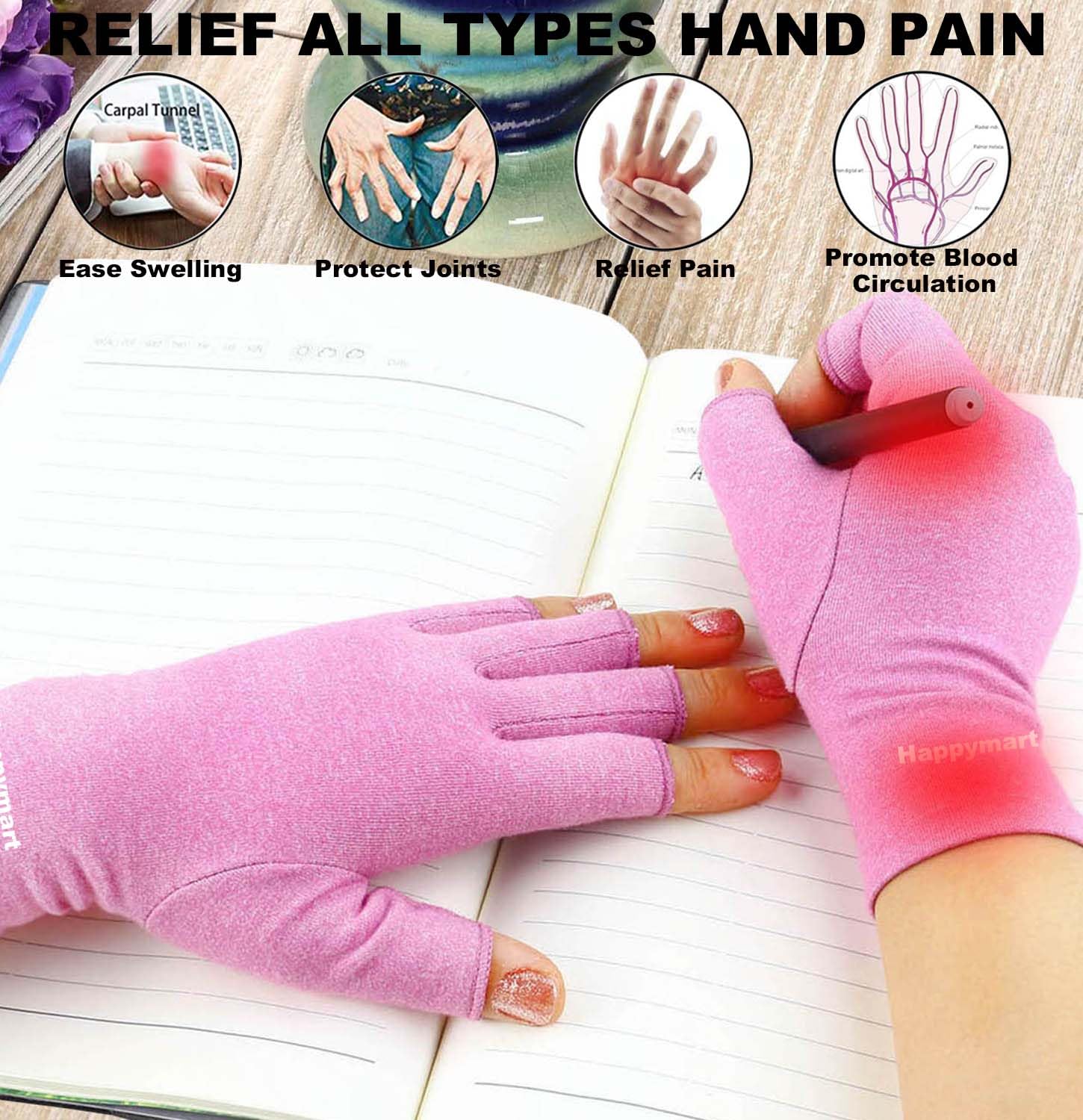 Happymart 2 Pairs Arthritis Gloves, Hand Compression Gloves for Rheumatoid, Pain Relief, Carpal Tunnel, Swelling, Joint Support, Driving Fingerless Gloves for Women Men (Black, Medium)