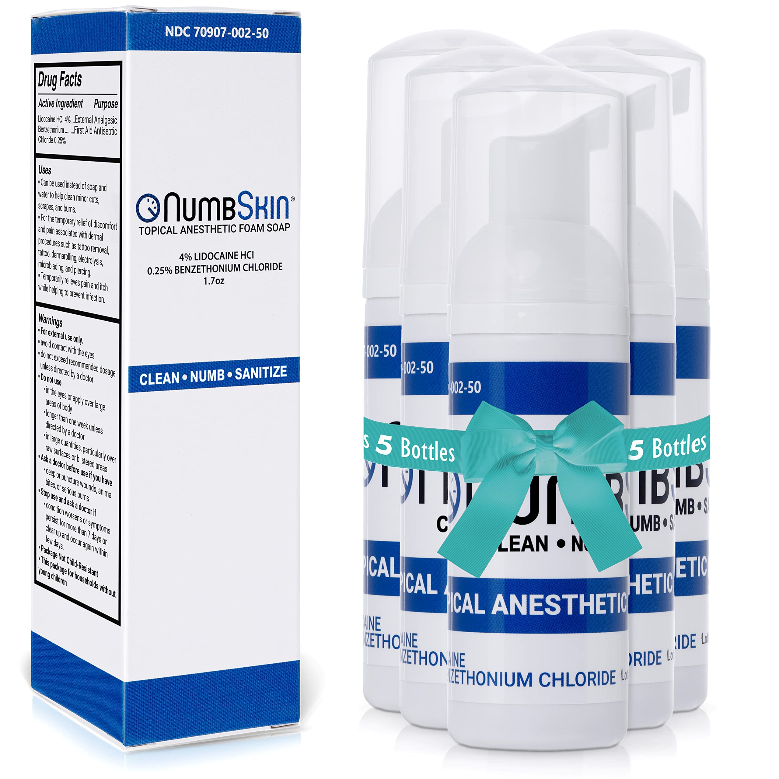 Numbskin 4% Lidocaine Topical Anesthetic Foaming Soap - Numbing Spray for Tattoos, Darmarolling, Waxing, Electrolysis, Microblading & Piercing | Temporary Relieves Pain - 1.7oz (5 Bottles)