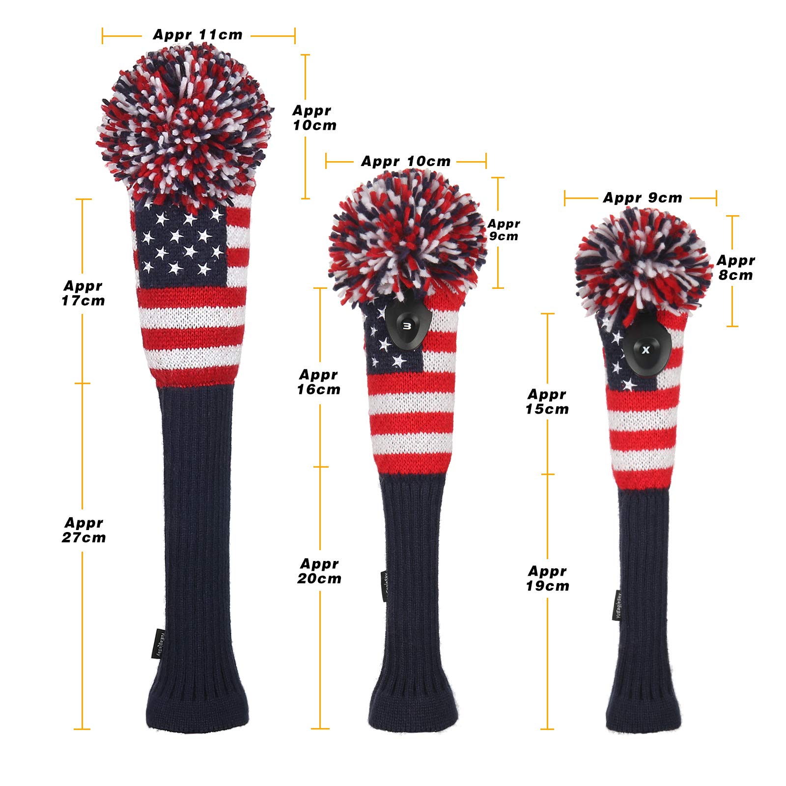Golf Head Covers (3PCS) Driver Fairway #3 Hybrid Knit Pom Pom White Blue Red USA Flag Desin with Number Tag