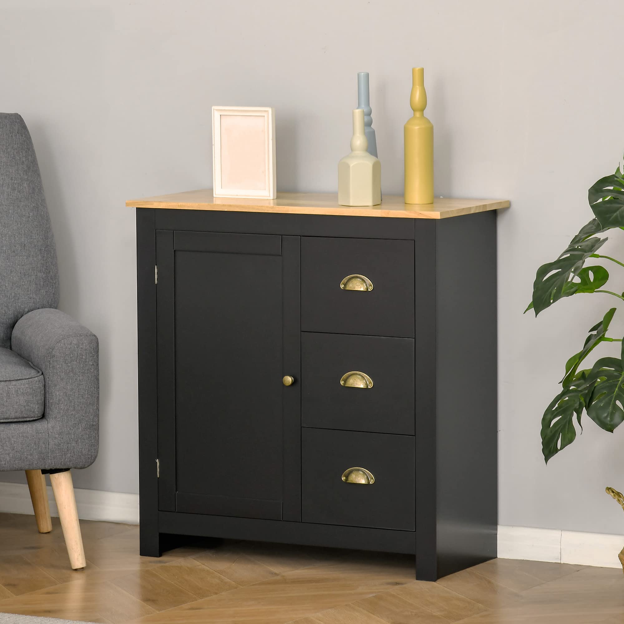 HOMCOM Modern Kitchen Cabinet, Storage Sideboard, Buffet Table with Rubberwood Top, 3 Drawers and Cabinet with Adjustable Shelf, Black