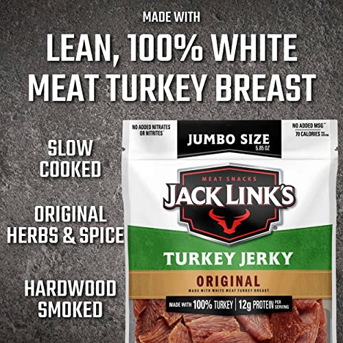 Jack Link's Turkey Jerky, Original, 5.85 oz. Sharing Size Bag – Flavorful Meat Snack with 12g of Protein, 80 Calories, Made with 100% Turkey - 96% Fat Free, No Added MSG or Nitrates/Nitrites
