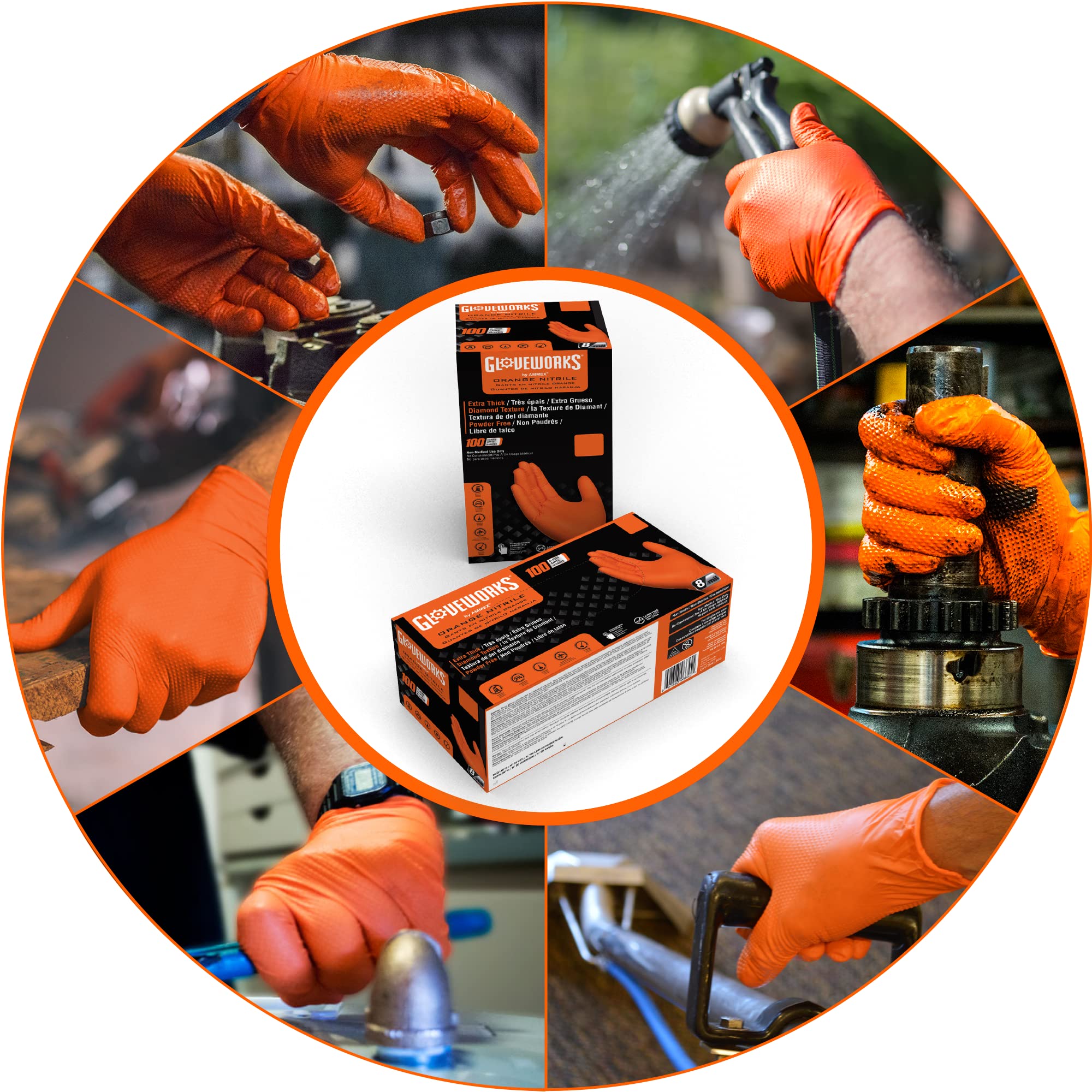GLOVEWORKS HD Orange & Green Nitrile Disposable Gloves, 8 Mil, Latex-Free, Diamond Texture, Large, 1 Box of 100 Per Color