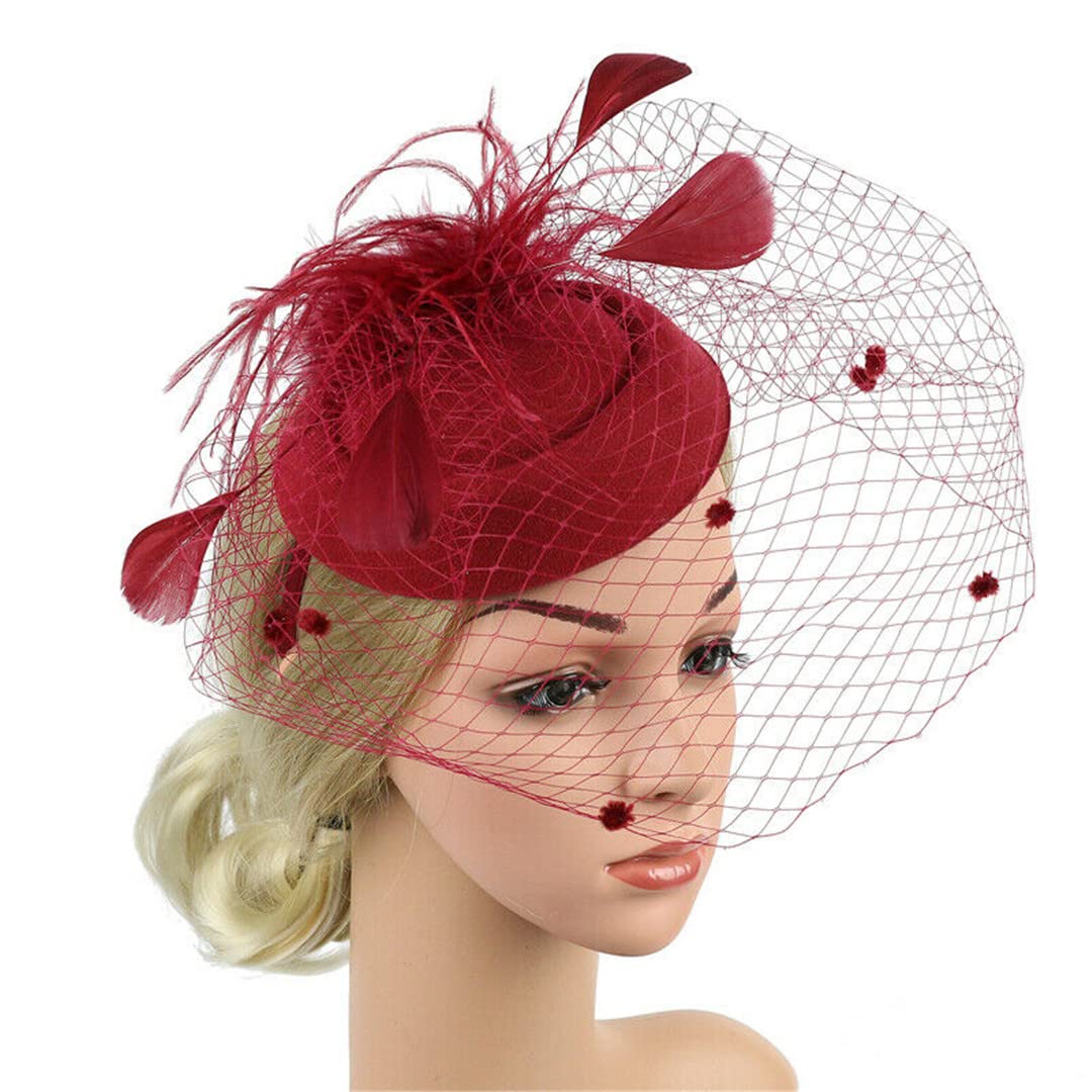 Handmade Large Women Feather Floral Hair Hat Headband Accessories s Wine Red
