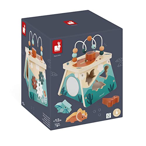 Janod Dino - Dinosaur Shape Sorter Wood Multi-Activity Volcano - 5 Activities in One - Ages 12 Months- 3 Years - J05827