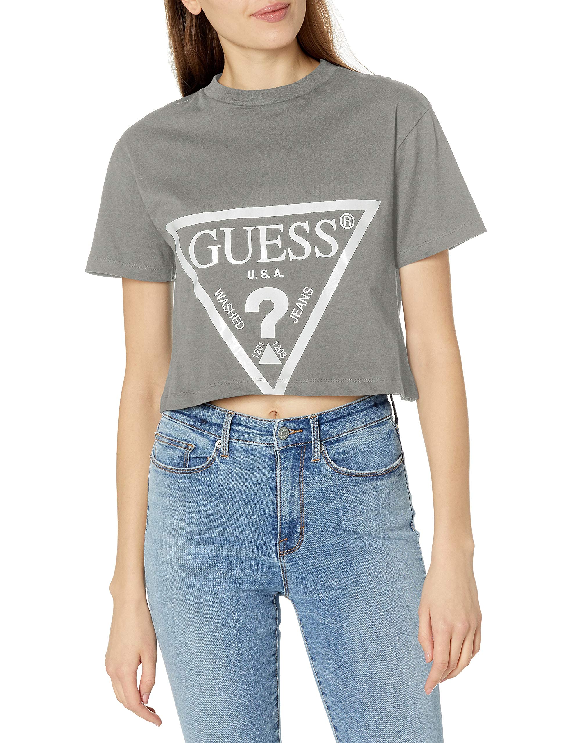GUESS womens Active Short Sleeve Oversized Logo Cropped T-shirt T Shirt, Lead Grey, X-Small US