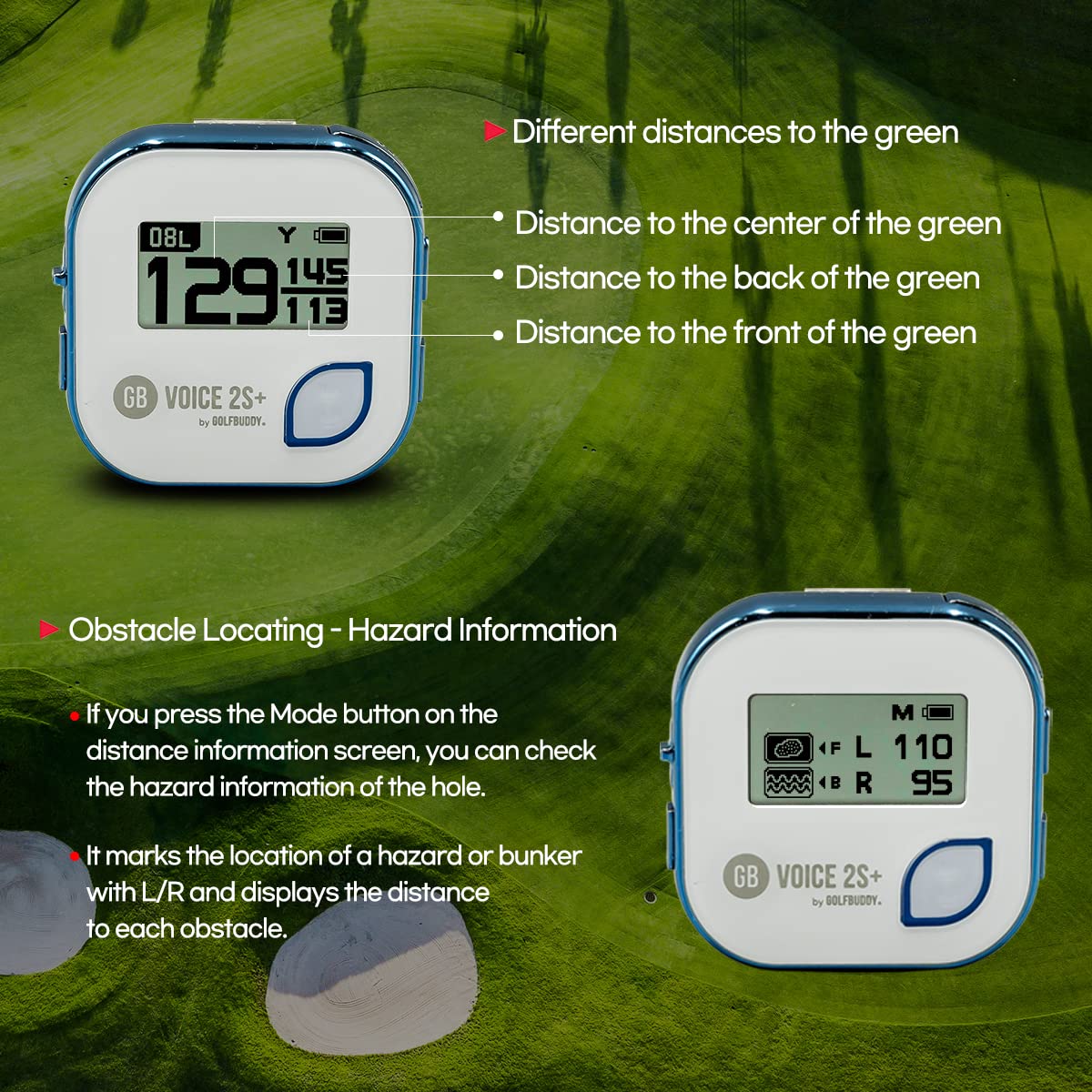 GOLFBUDDY Voice 2S+ Talking GPS Rangefinder, Clip on Hat Golf Navigation, Slope Mode on/Off, 18 Hours Battery Life, Shot Distance Measurement, Preloaded with 40,000 Courses Worldwide (Blue)