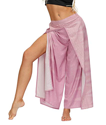 GLUDEAR Womens Palazzo Slit Wide Leg Pants Summer Casual Beach Boho Hippie Bohemian Pilate,Pink Feather,S/M