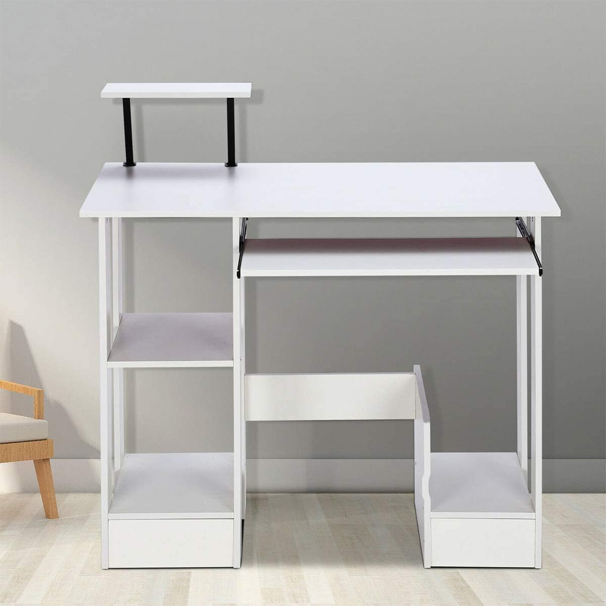 Harapu Strong Bearing Computer Desk, Home Office Storage Shelves Study Workstation Laptop Table, L90 x W48 x H73 cm, Warm White