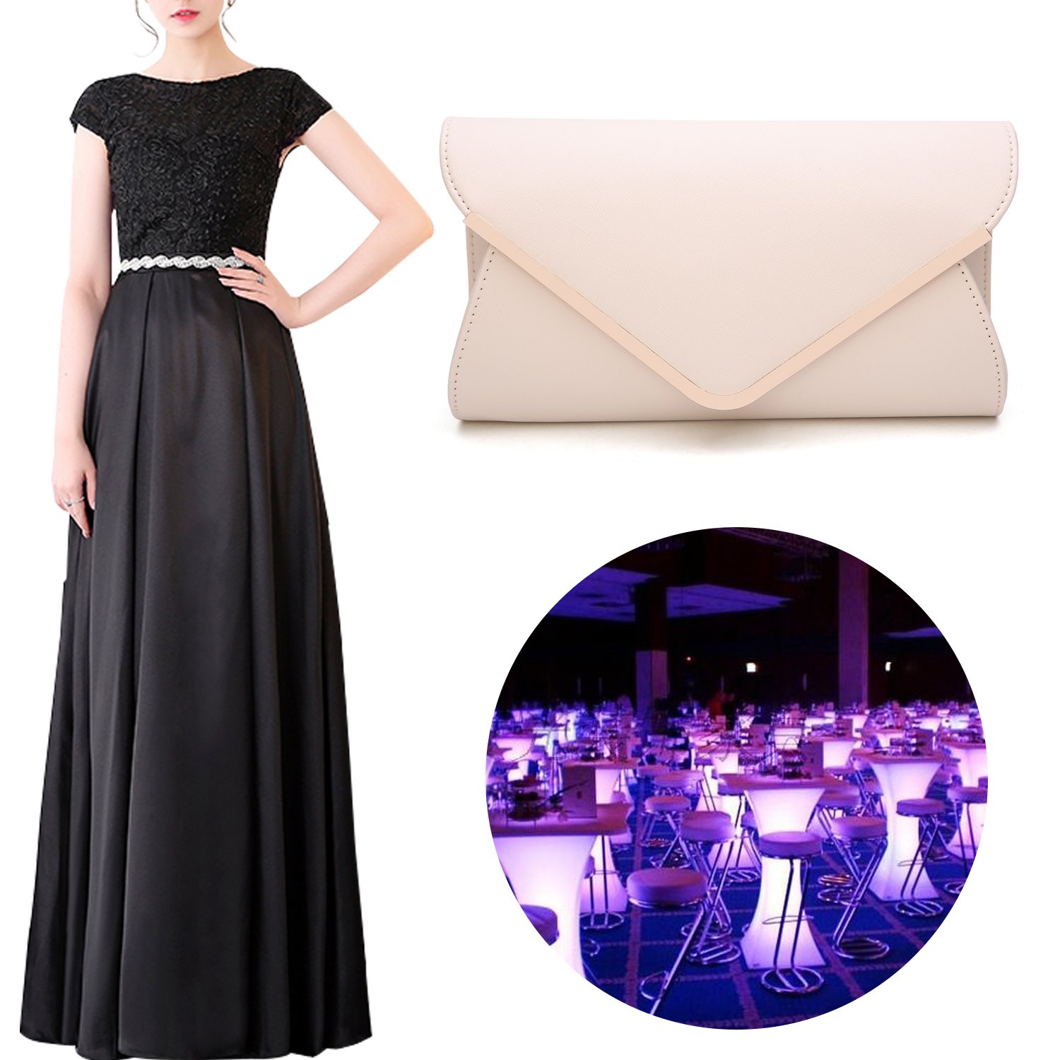 GESU Womens Faux Leather Envelope Clutch Bag Evening Handbag Shoulder Bag Wristlet Dress Purse,Large,Beige.