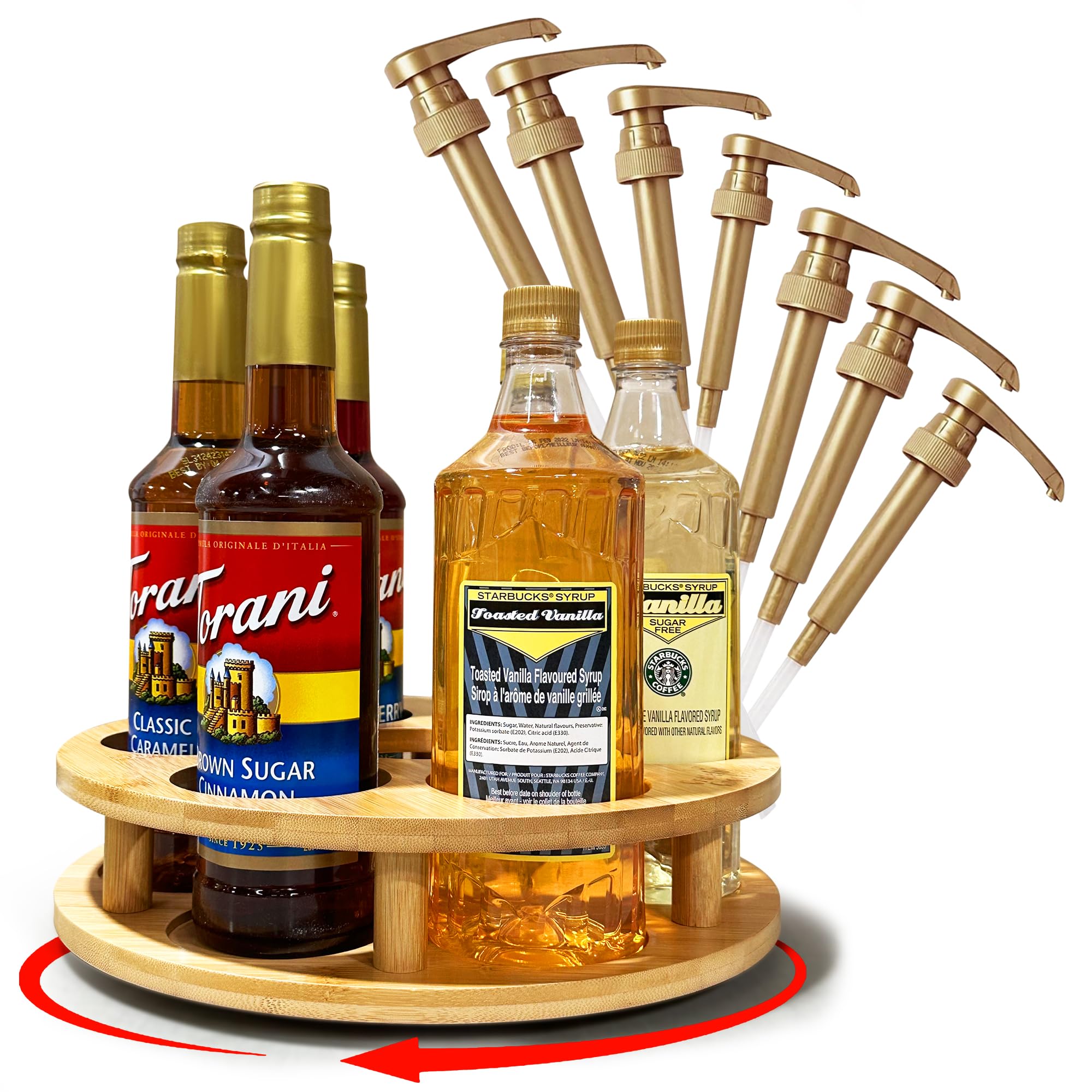 Grateful Grocer Coffee Syrup Organizer - Rotating Coffee Syrup Rack, Lazy Susan Organizer & Syrup Bottle Rack Storage - Holds 7 Bottles, Compatible with Starbucks Syrup & Torani Syrup (Rack Only)