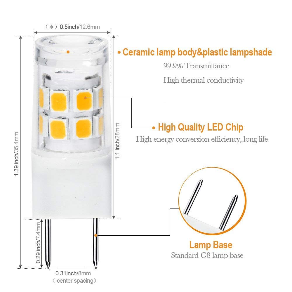 GY8.6 G8 LED Bulb 3W, 120V 30W Halogen Replacement Bulb, Improved Version G8/GY8.6 Bi-pin Base,for Microwave Lighting, Under Counter Kitchen Lighting, Under-Cabinet Light(6-Pack)(Warm White 3000K)