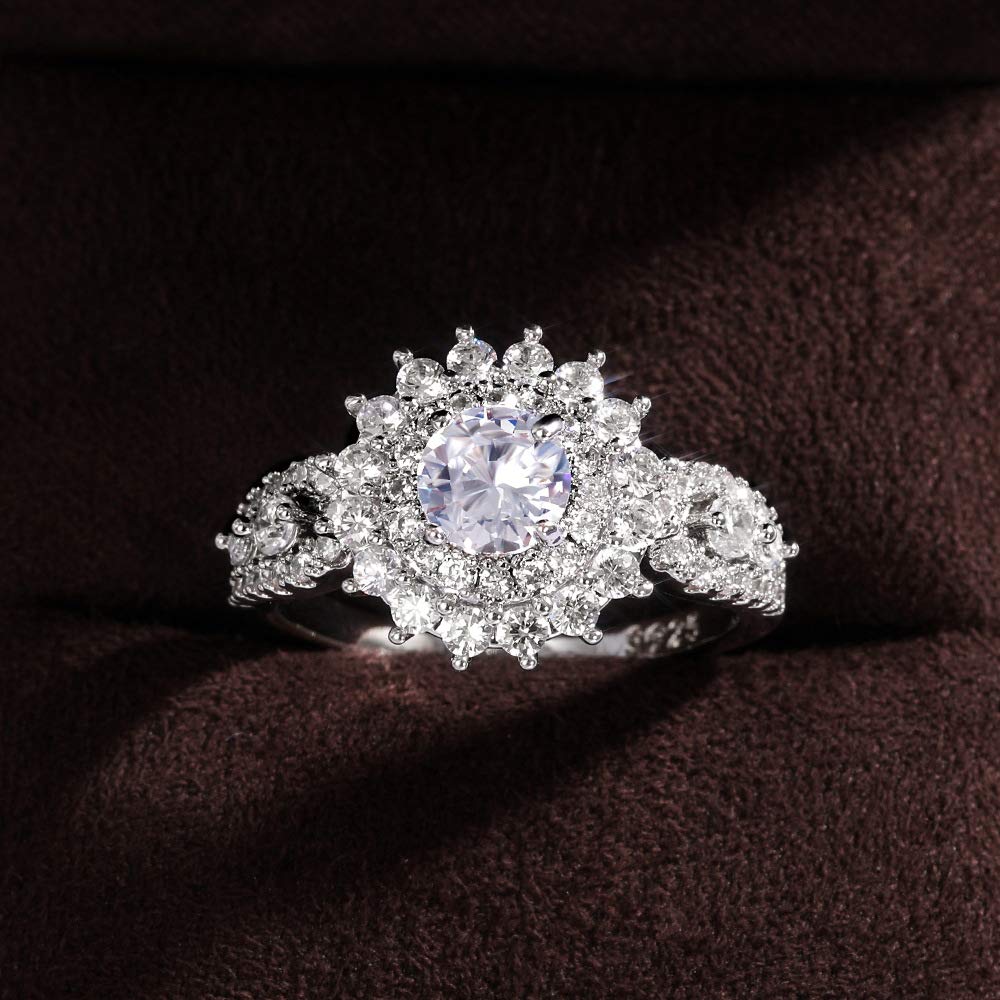 GUIDECUN Fashion Round Cut CZ Cubic Zirconia Pavé Modern Simulated Diamond Halo Ring Shining Wedding Party Statement Ring (US Size 10)