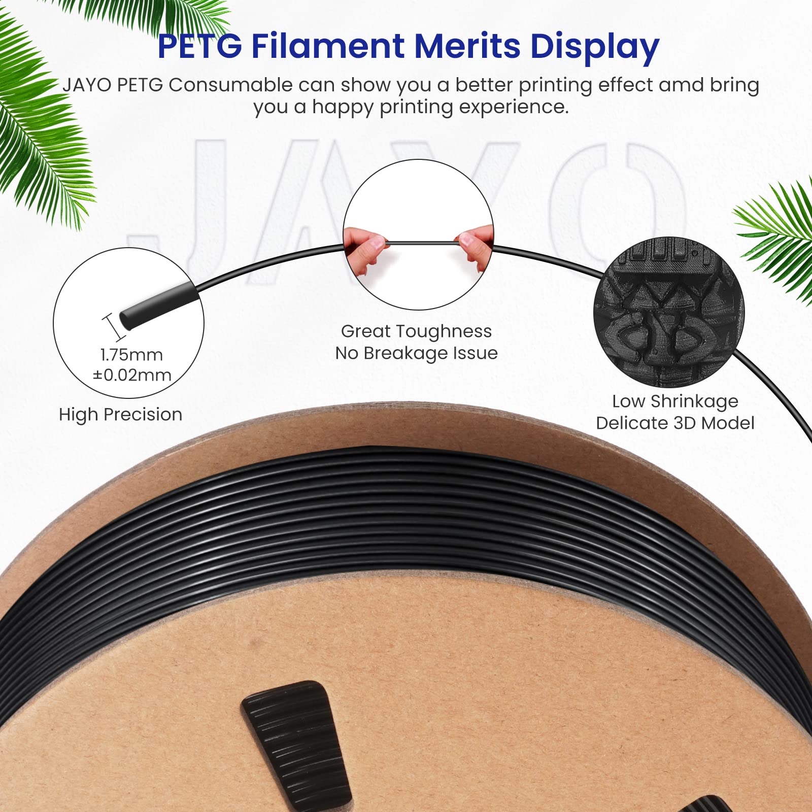 JAYO PETG 3D Printer Filament Bundles, PETG Filament 0.65KG*8 Rolls Cardboard Spools 1.75mm, Consumable Dimensional Accuracy +/-0.02mm, 5.2KG Printing Material Fits FDM 3D Printers, PETG 650G×8 Colors