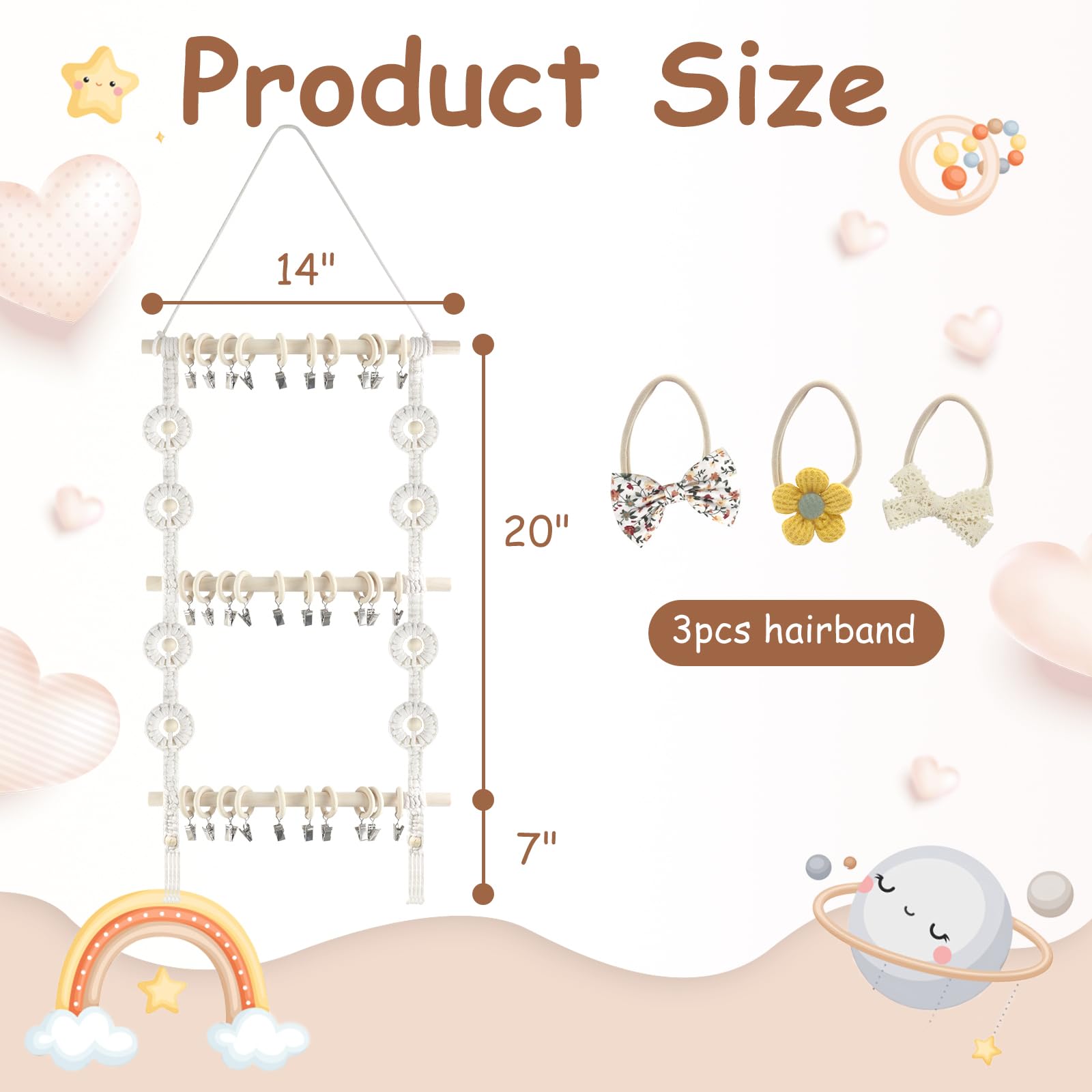 Headband Holder with 3pcs Headband, Baby Hair Accessories Organizer for Girls, Bow Holder Organizer For Nursery Home Wall Decor