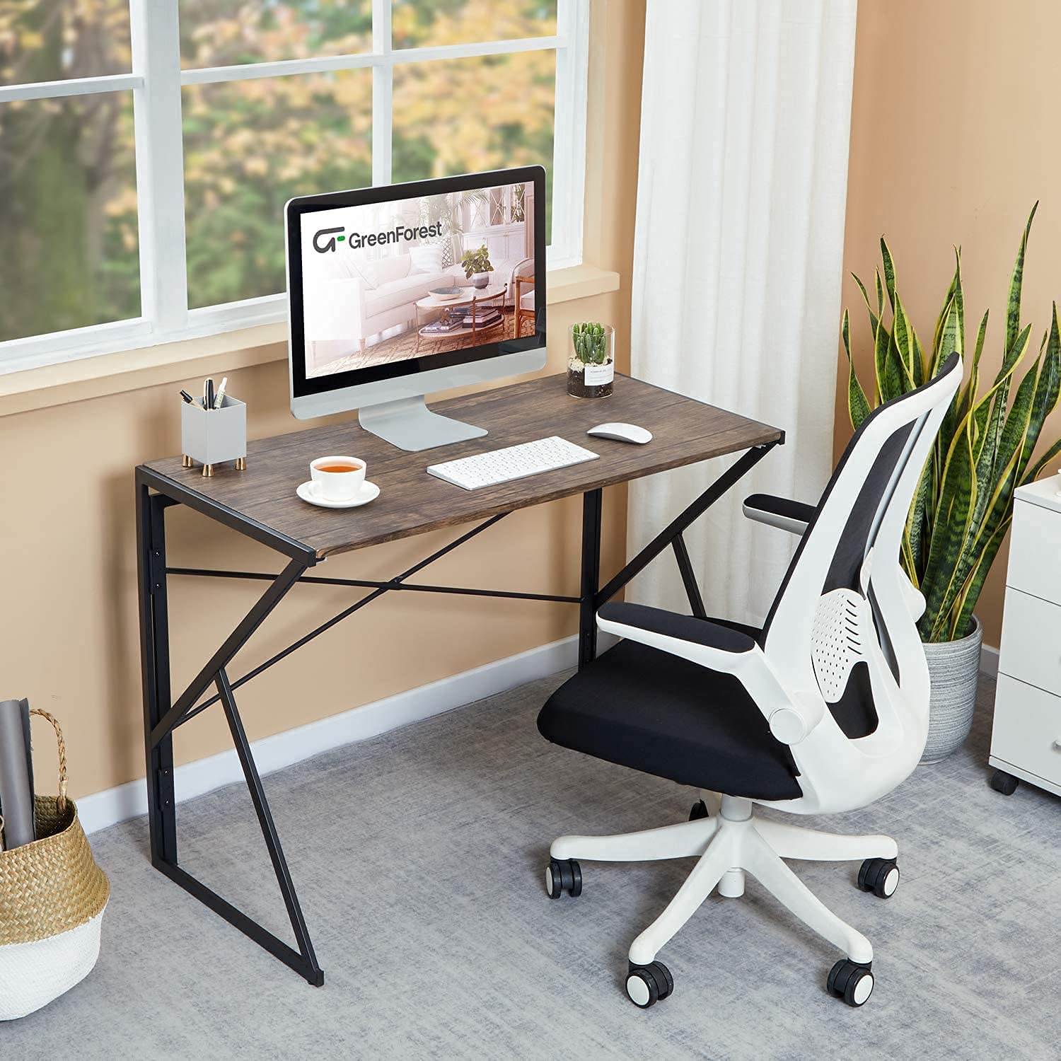 GreenForest Folding Desk No Assembly 40" Foldable Writing Computer Desk Simple Home Office Desk Laptop Table Space Saving, Walnut