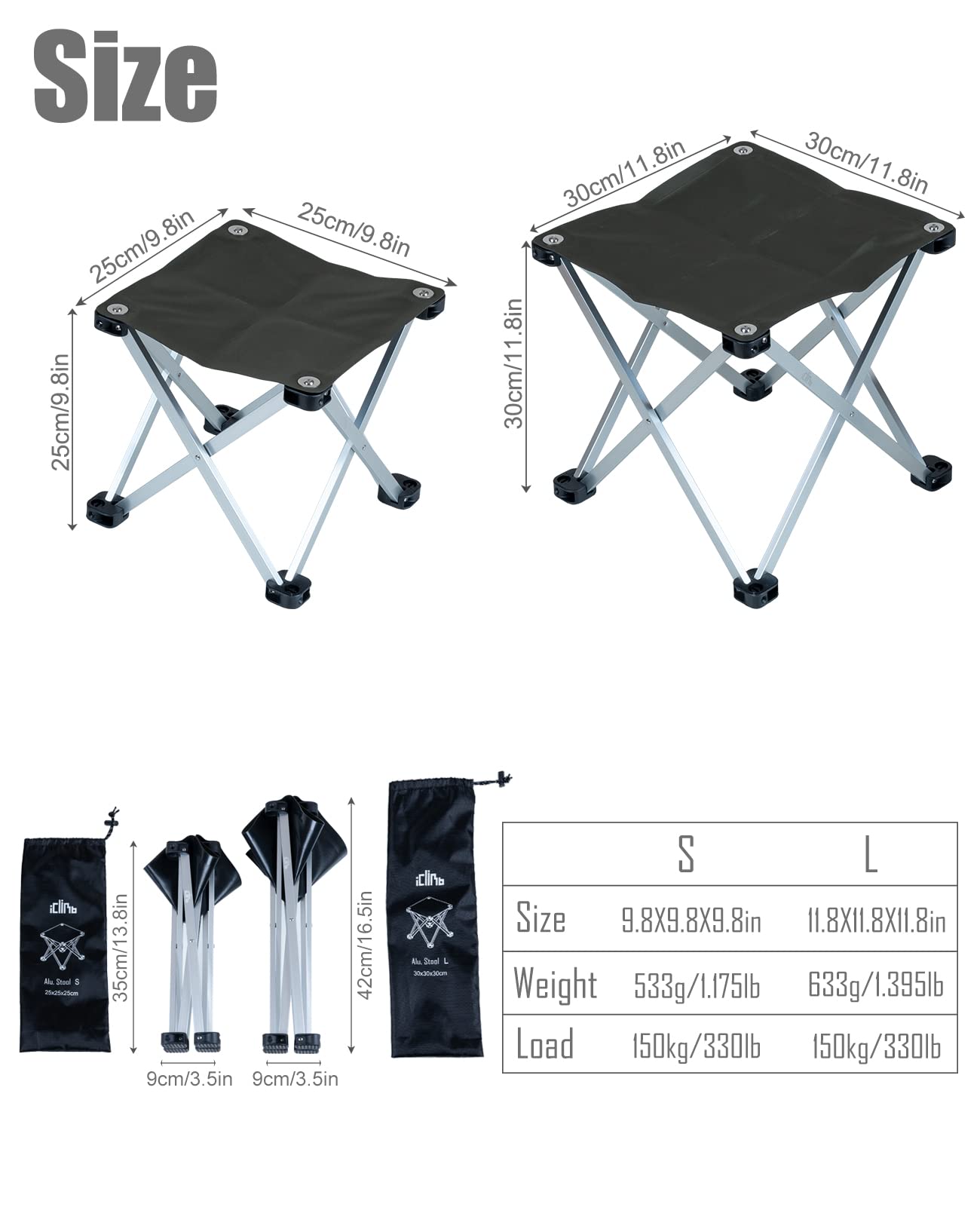 iClimb Ultralight Compact Camping Folding Stool with Carry Bag, Two Size (1, S)