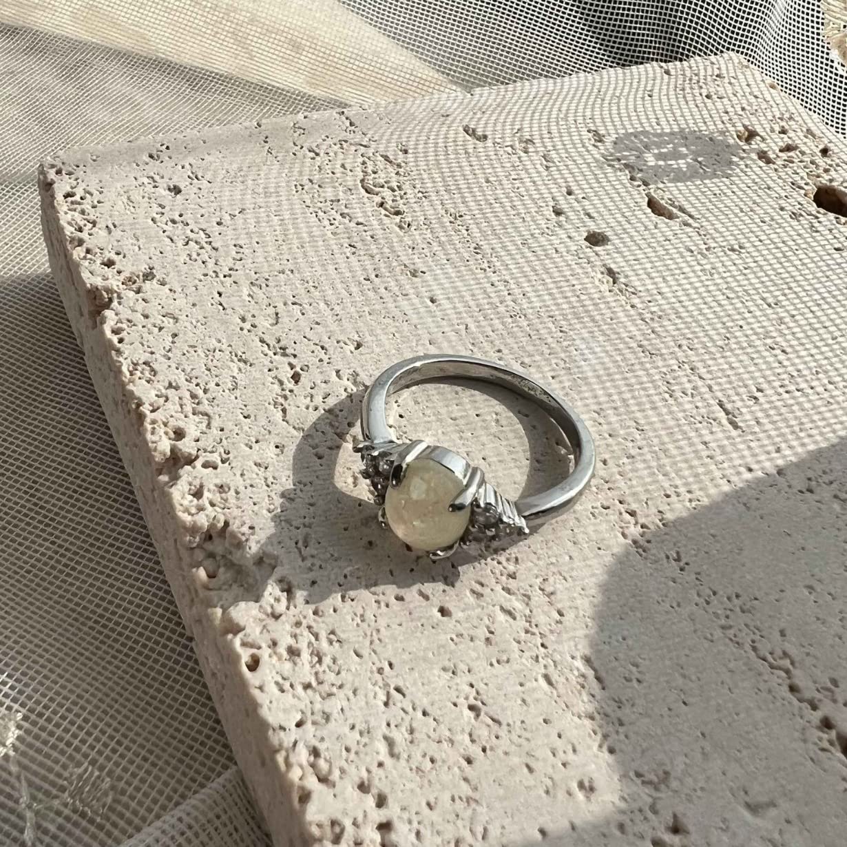 Heywords Dainty Simple Rings Opal Ring for Women Oval Lab Created White Opal & Round Cubic Zirconia Personalized Engraved Custom Name Sterling Silver