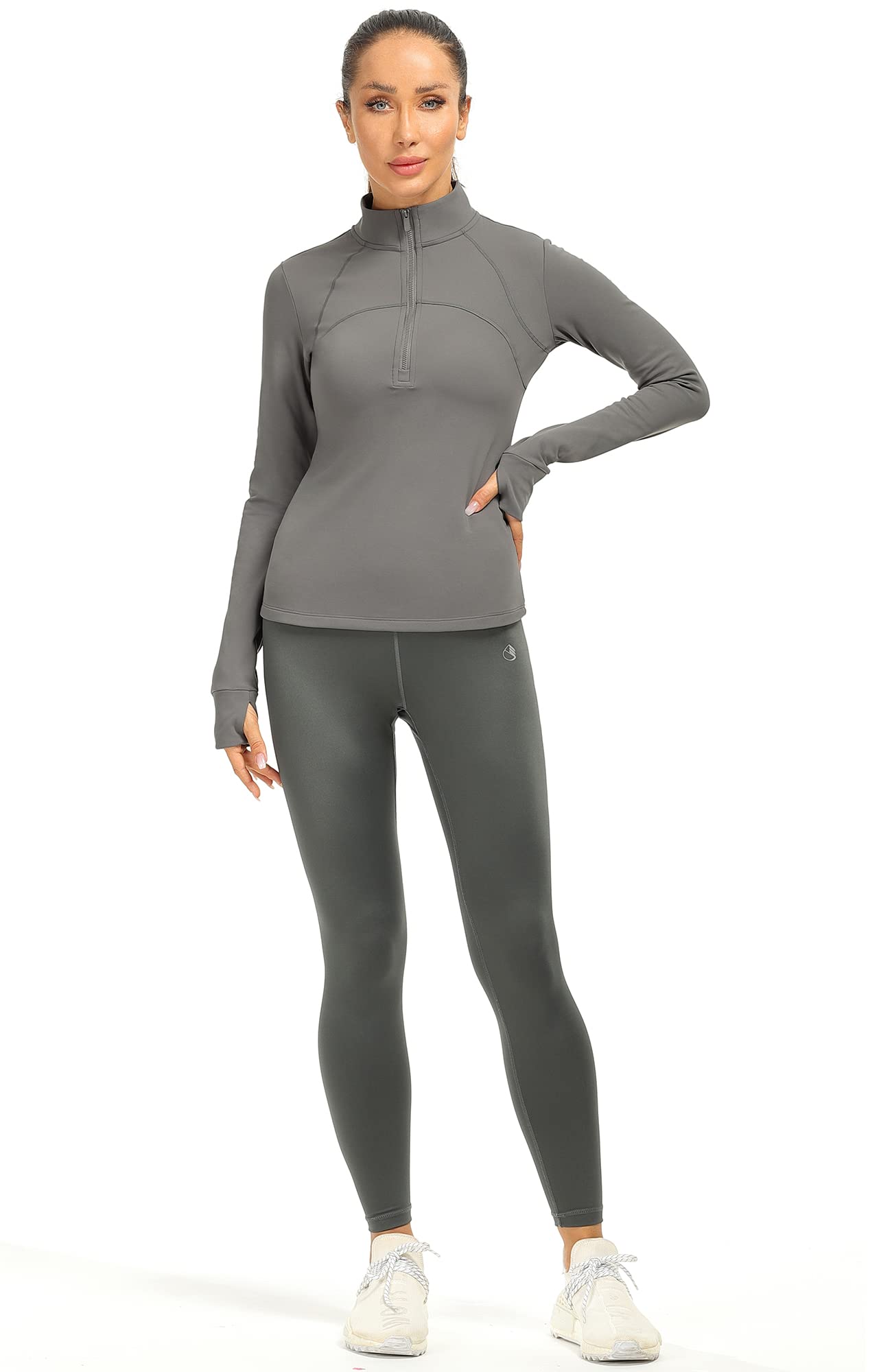 icyzone Fleece Lined Half Zip Pullover for Women with Thumb Holes, Athletic Workout Warm Jackets, Fitted Long Sleeve Yoga Crop Tops (Cacao, L)
