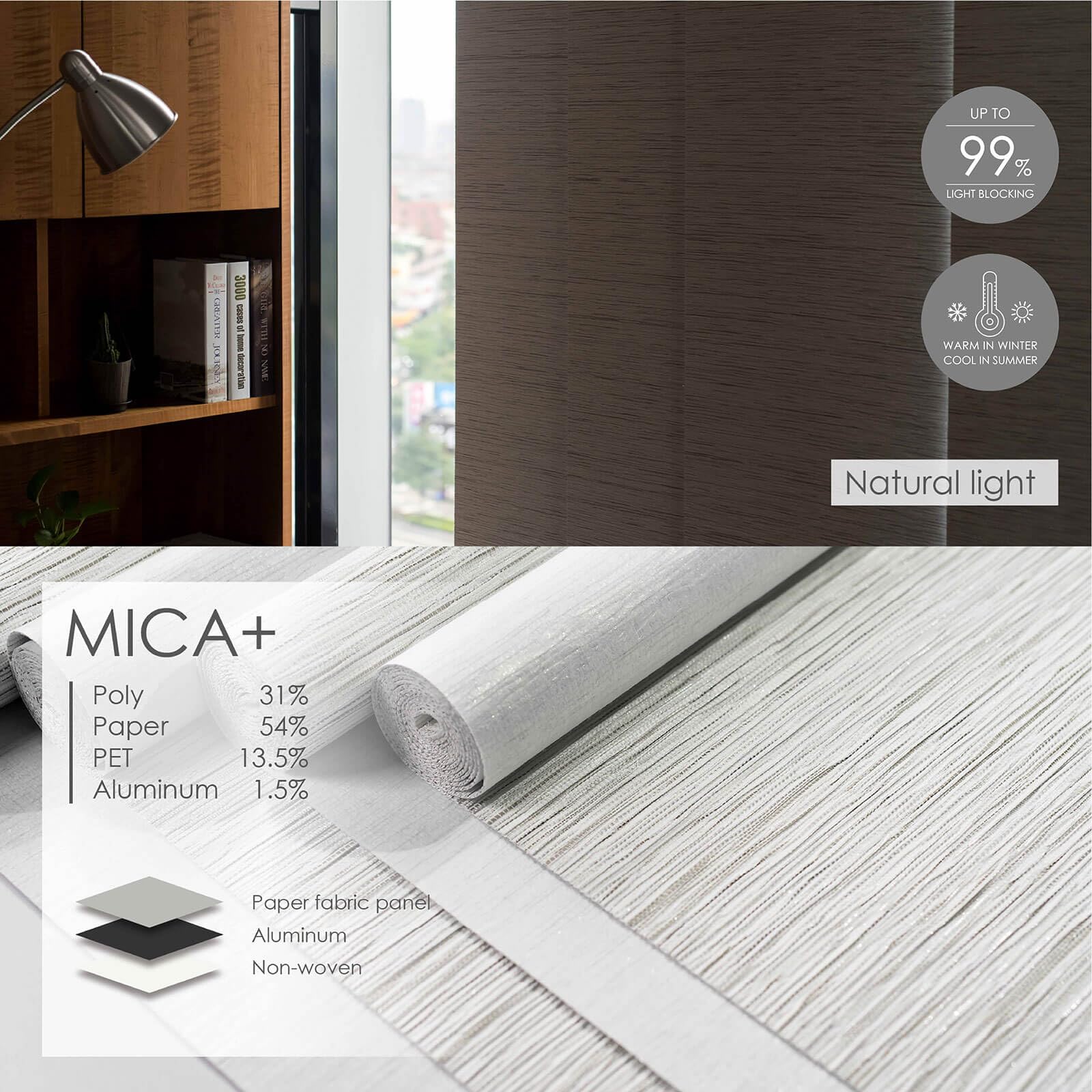 GoDear Design 99% Blackout Adjustable Vertical Blinds 45.8"- 86" W x Up to 96" H, Extendable Sliding Panel Track Window Blinds, Grayish Metallic Luster Trimmable Natural Woven Panel Curtain, Mica +