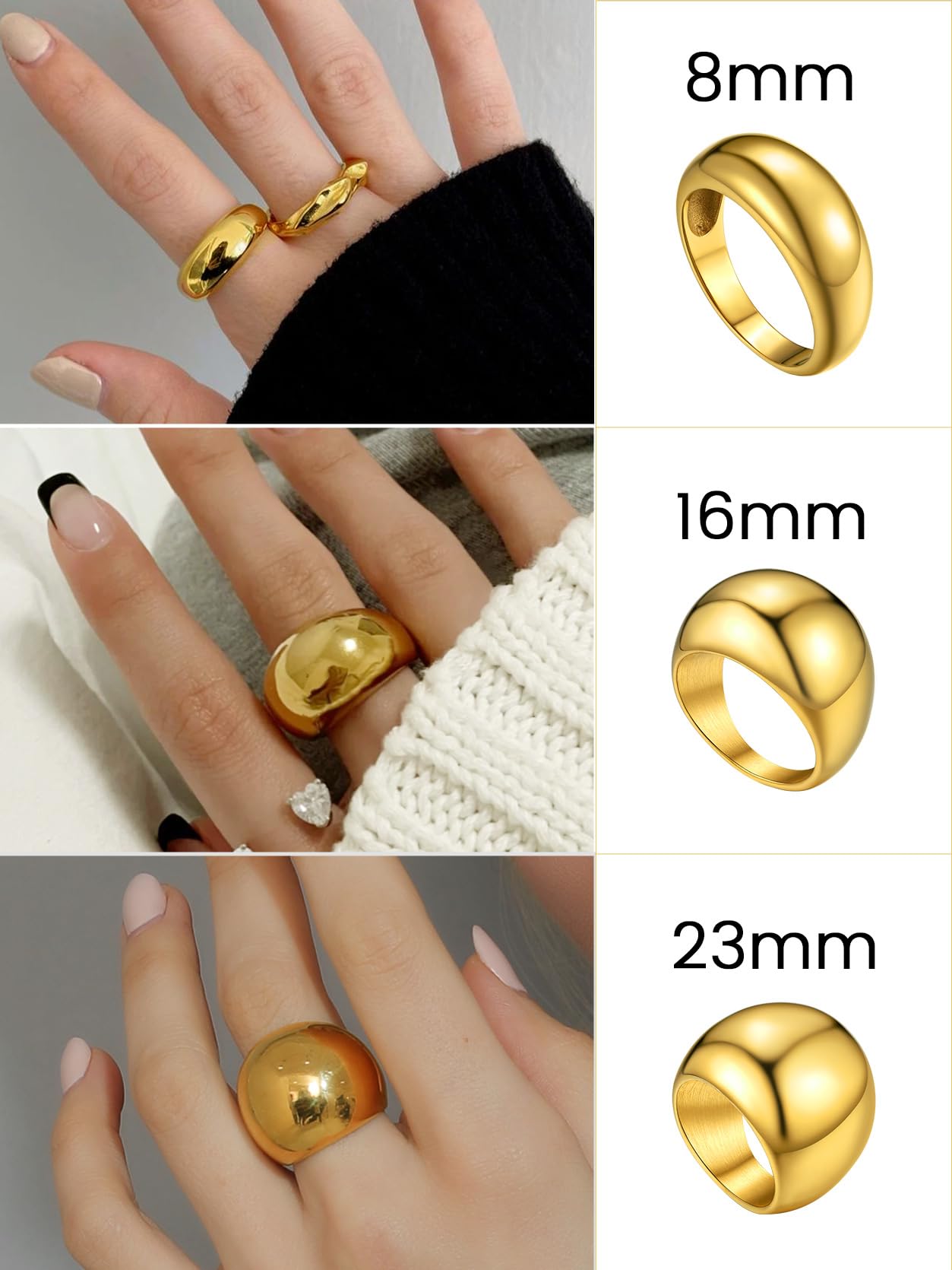 GOLDCHIC JEWELRY Gold Statement Ring for Women, 23mm Oversized Chunky Dome Rings Thick Cocktail Rings Size 7