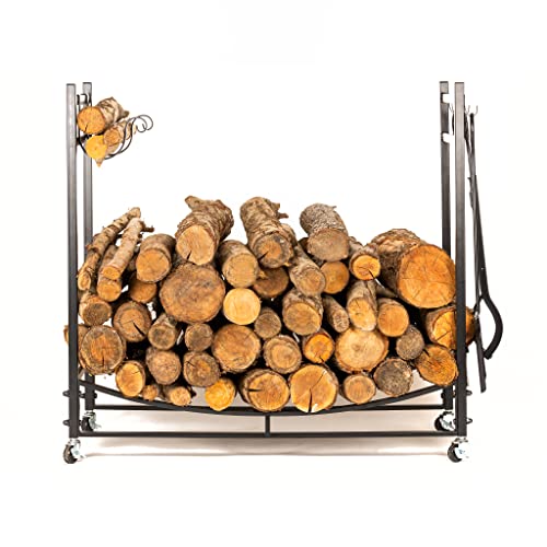 KAG ONE Firewood Storage Rack with Kindling Holder, Black, Metal, 33.4"L x 13"W x 32.9"H, 200 LBS Weight Capacity
