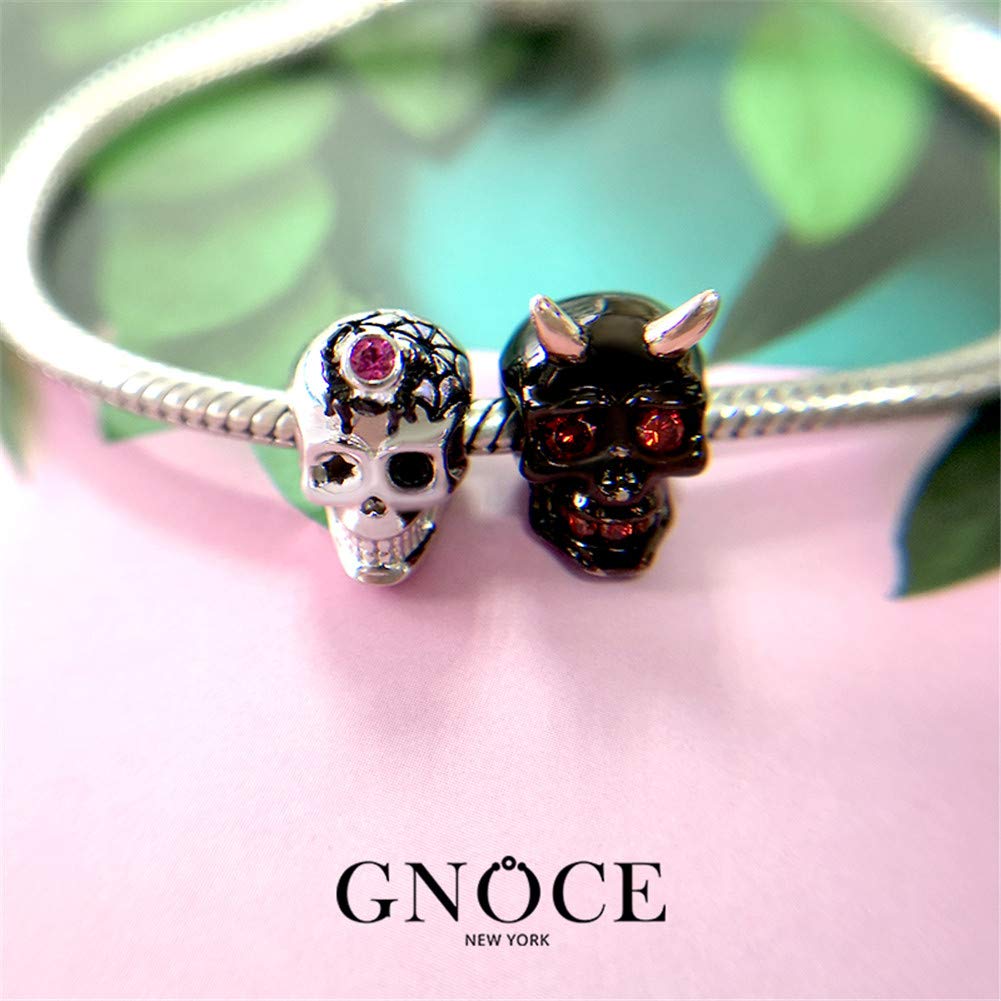 GNOCE [2 Pack] "Classic Skull Set" Charm Set Sterling Silver with Rhodium Plated Black Devil Skull Spider Web Skull Combination Charm Bead Fit Bracelet/Necklace Halloween Jewelry Gift for Women Mens