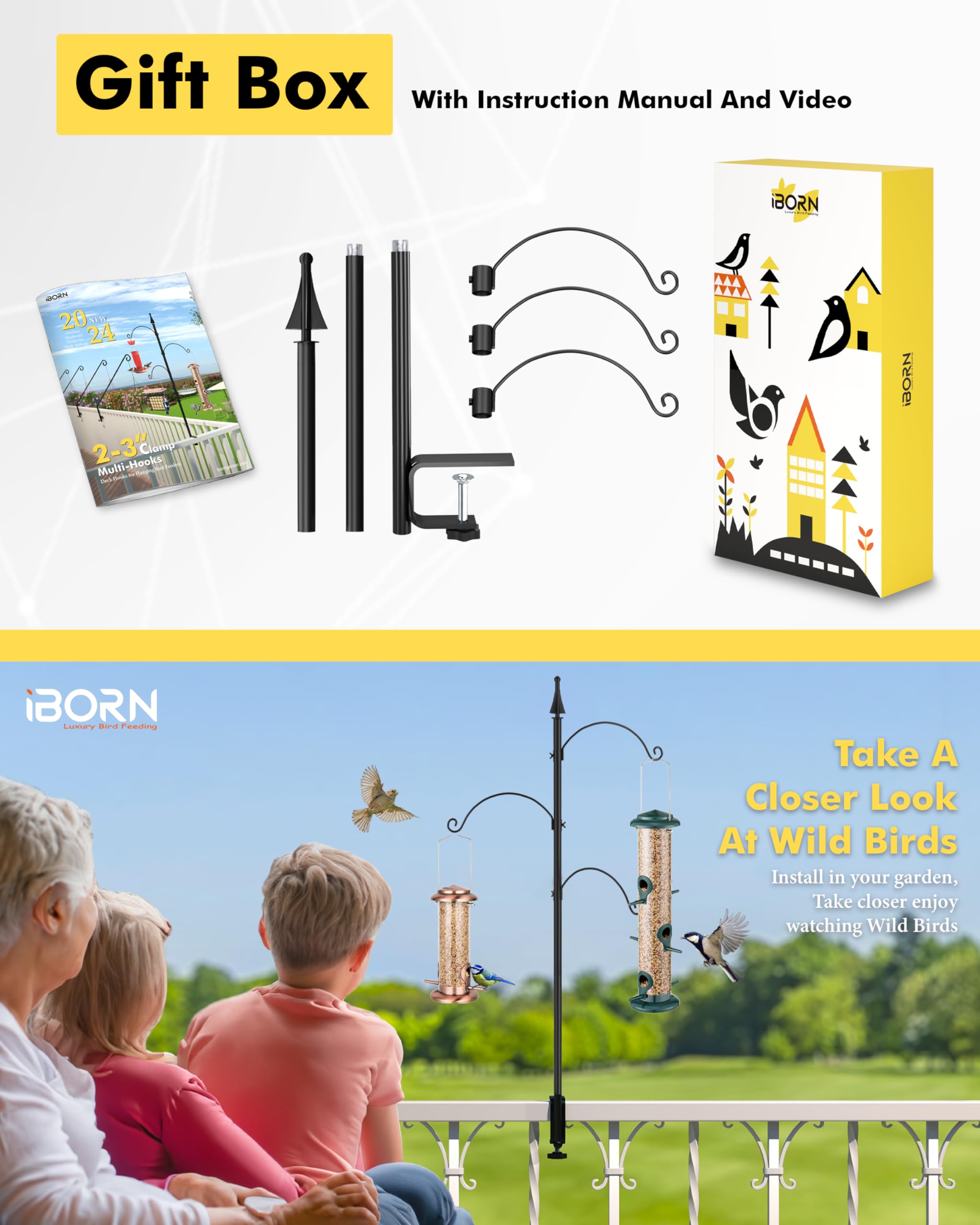 iBorn Shepherds Hooks for Outdoor Clamp On Deck Hook for Bird Feeder 45 Inch Bird Feeder Hangers for Deck Railing Humming Bird Feeders Hanging Tri-Hooks 2024 New (Feeders are Not Included)
