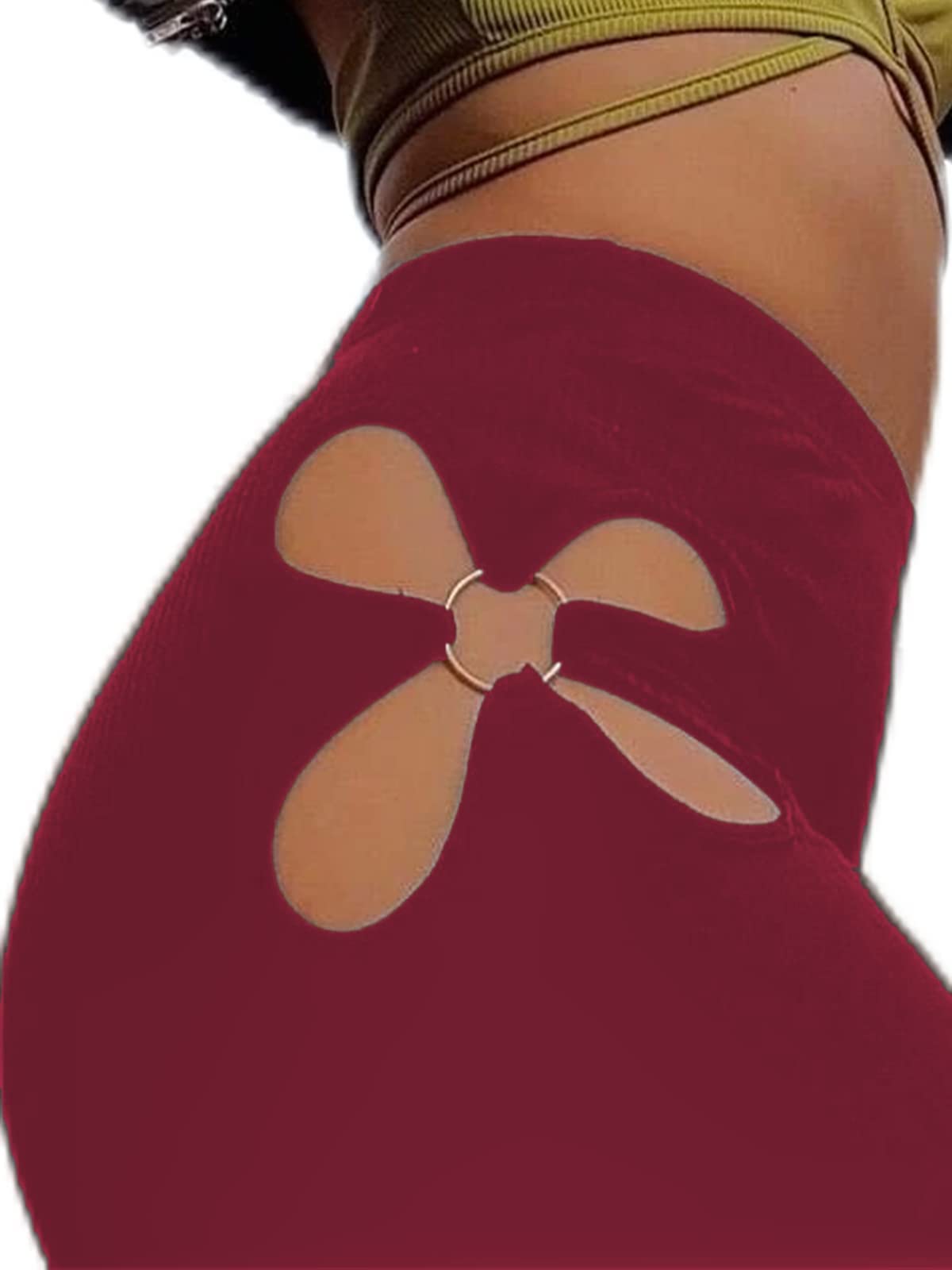 Hilinker Women's Cut Out High Waisted Pants Ladder Bootcut Night Out Stretch Flare Pants Wine Red X-Large